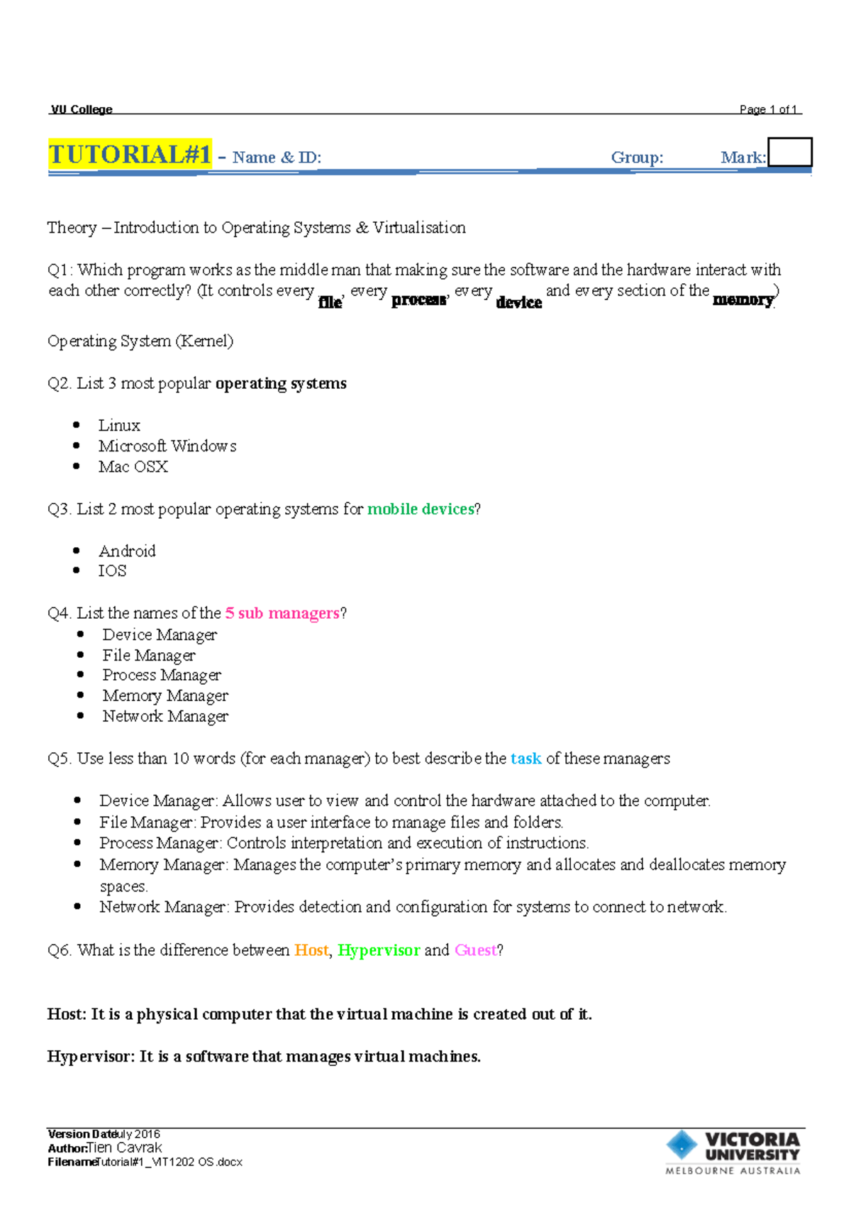 Week1 Tutorial1 - VU College TUTORIAL#1 - Name &amp; ID: Page 1 of 1 ...