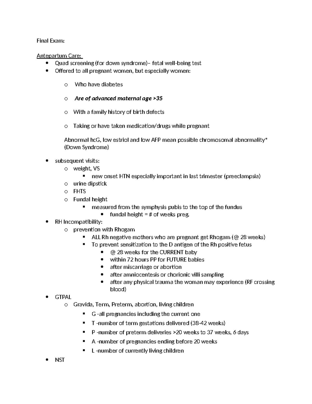 Final Exam - Final Exam: Antepartum Care: Quad screening (for down ...