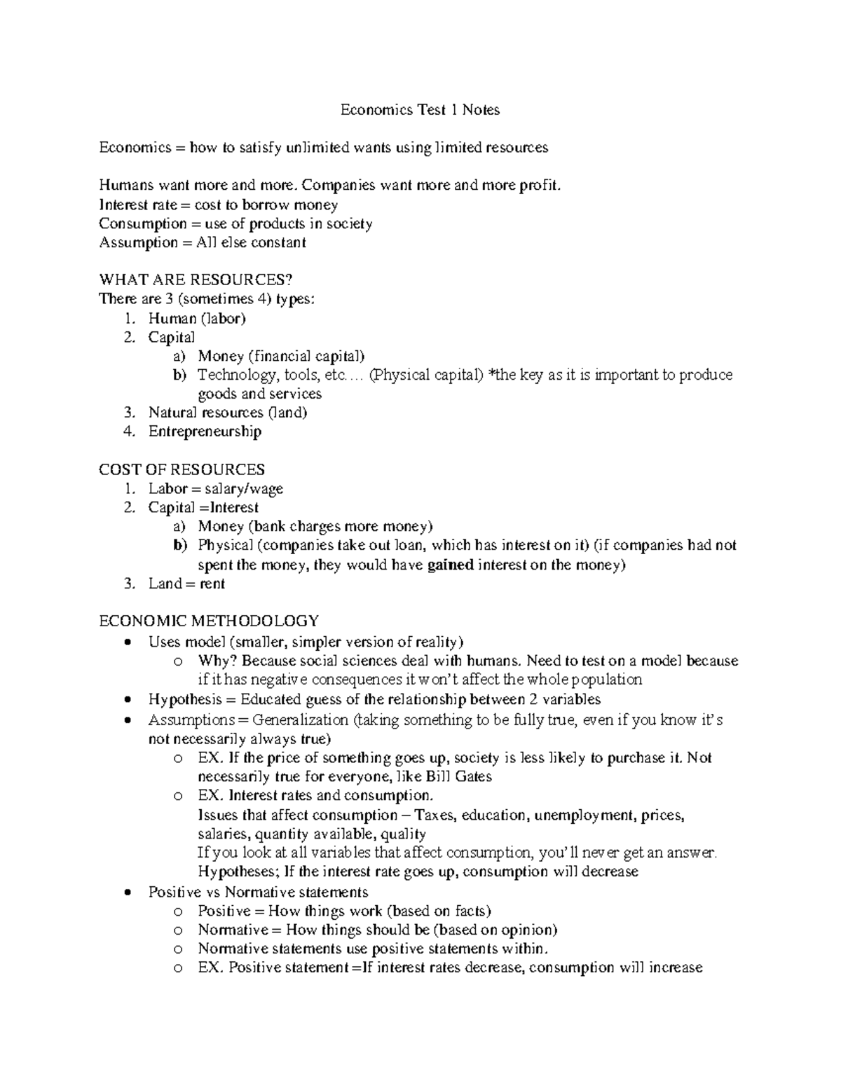 Economics Test 1 Notes - Economics Test 1 Notes Economics = how to ...