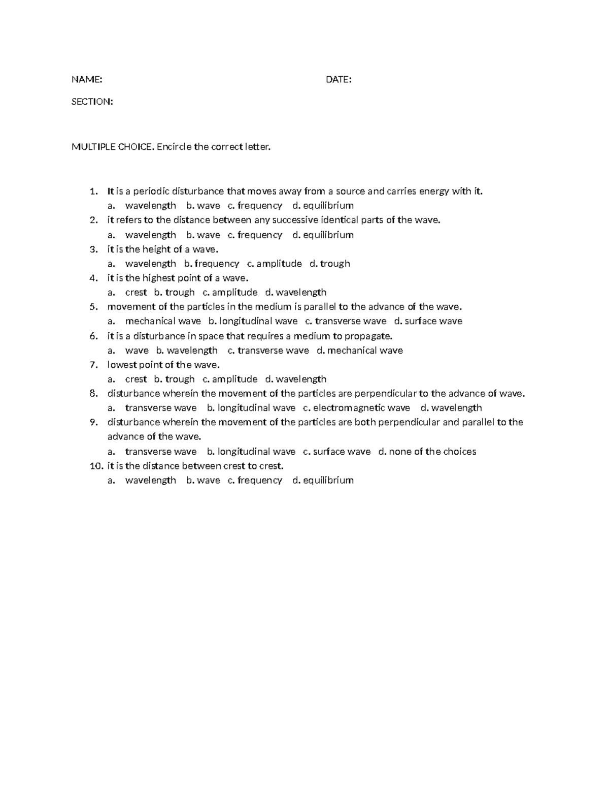 Special quiz 7 - history - NAME: DATE: SECTION: MULTIPLE CHOICE ...