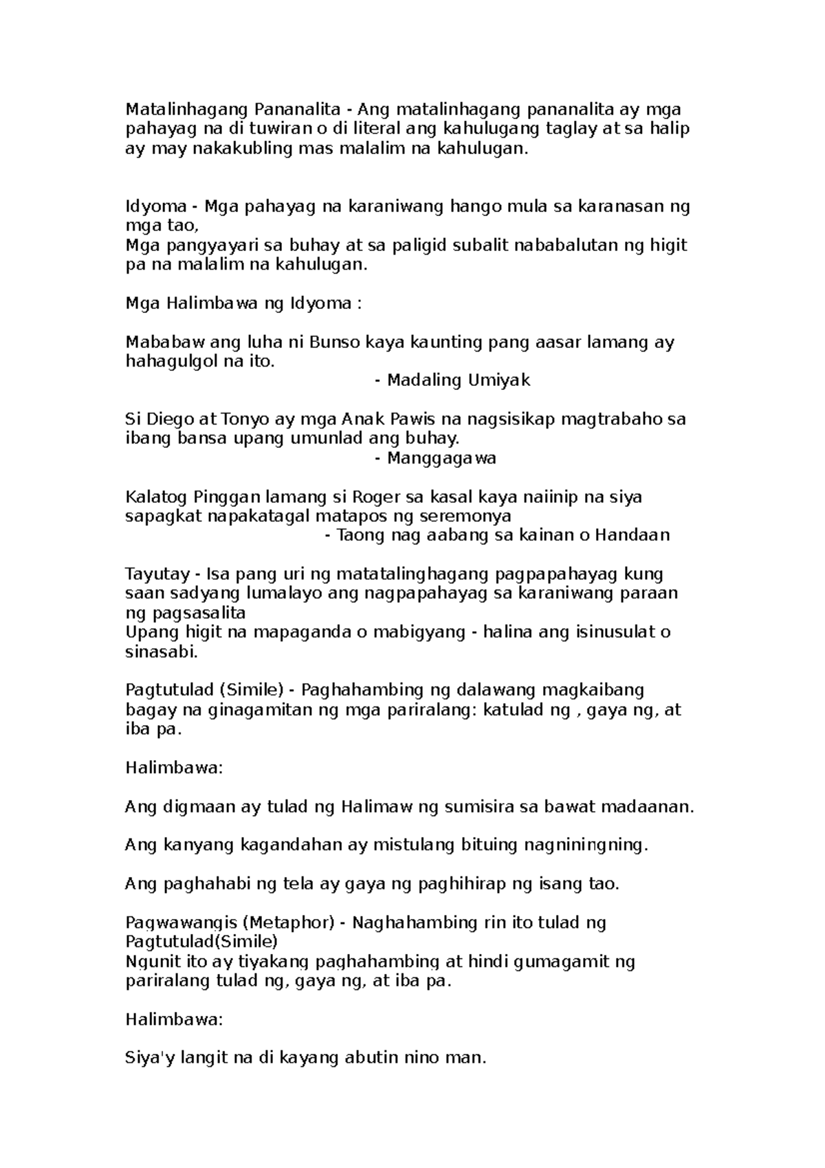 Topics for the Matatalinhagang salita - Matalinhagang Pananalita - Ang ...