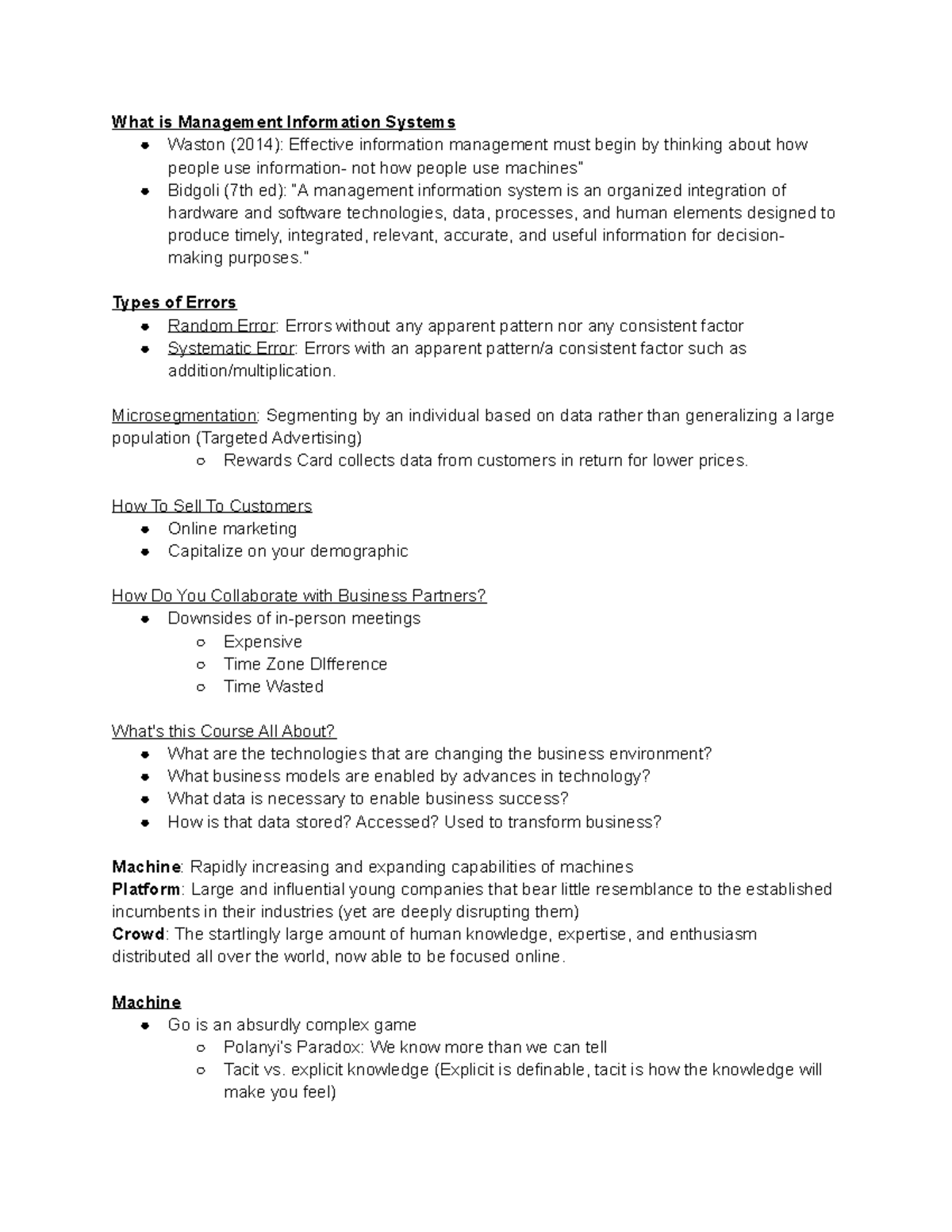 MIS Notes - What is Management Information Systems Waston (2014 ...