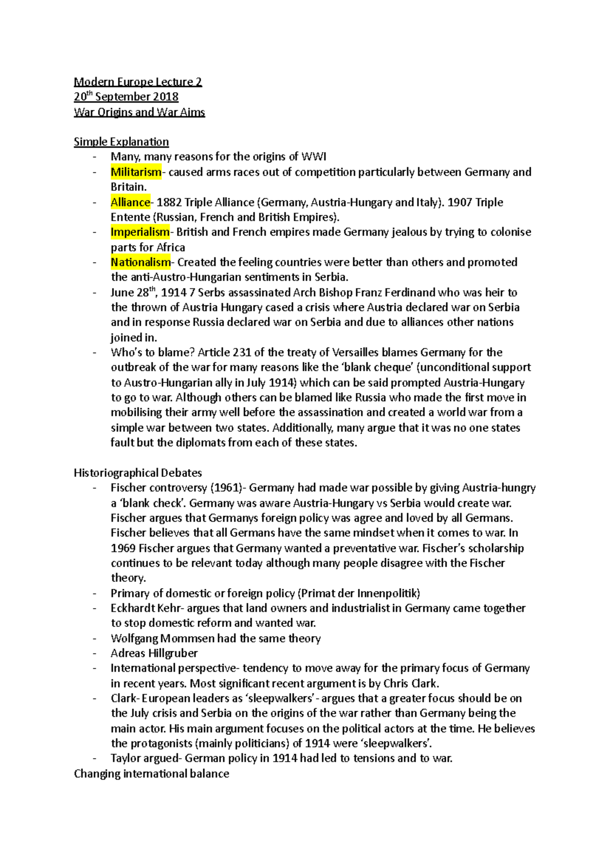 Lecture 2 notes- WWI - Origins of the first world war - Modern Europe ...