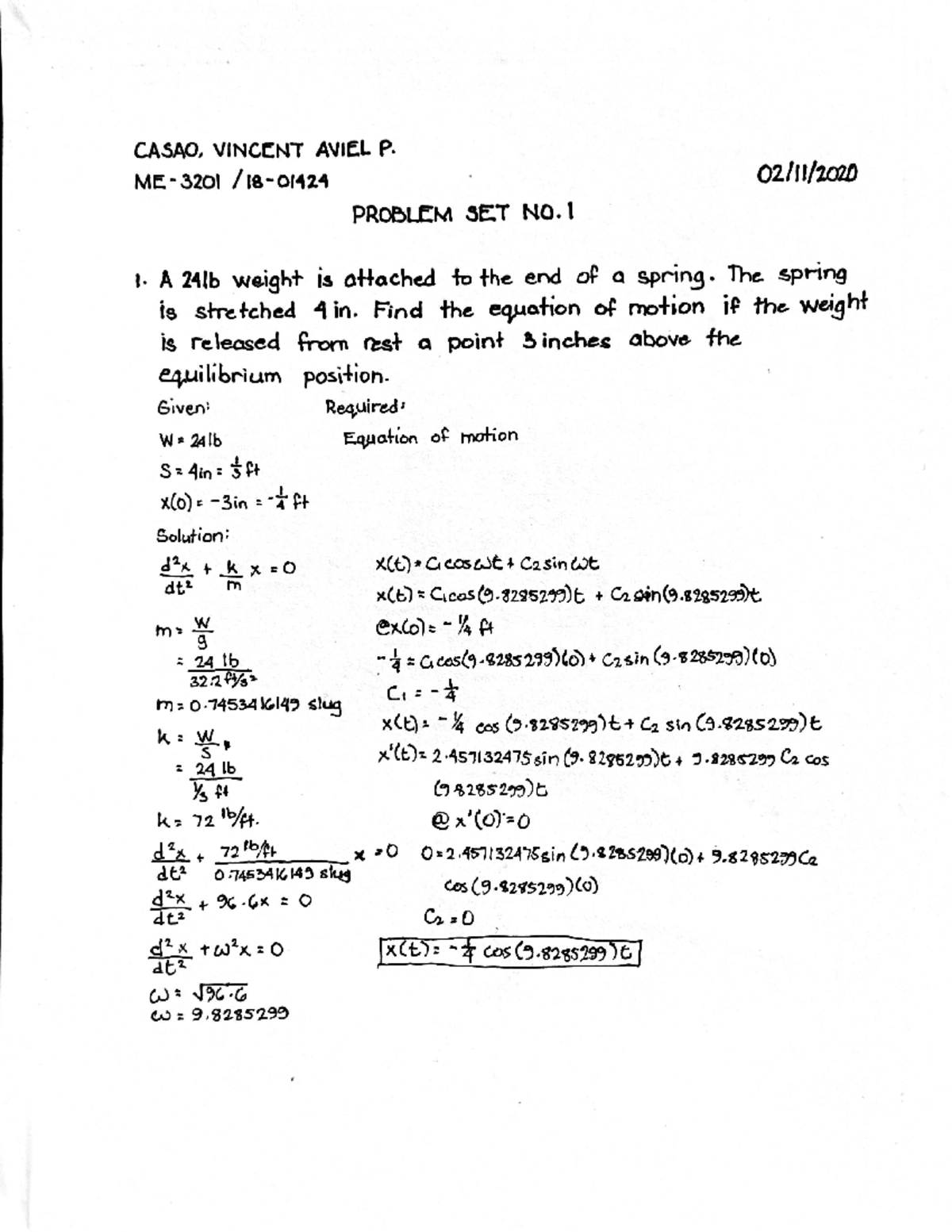 Problem Set 1 ME3201 Casao, Vincent Aviel P. - Vibration Engineering - Studocu