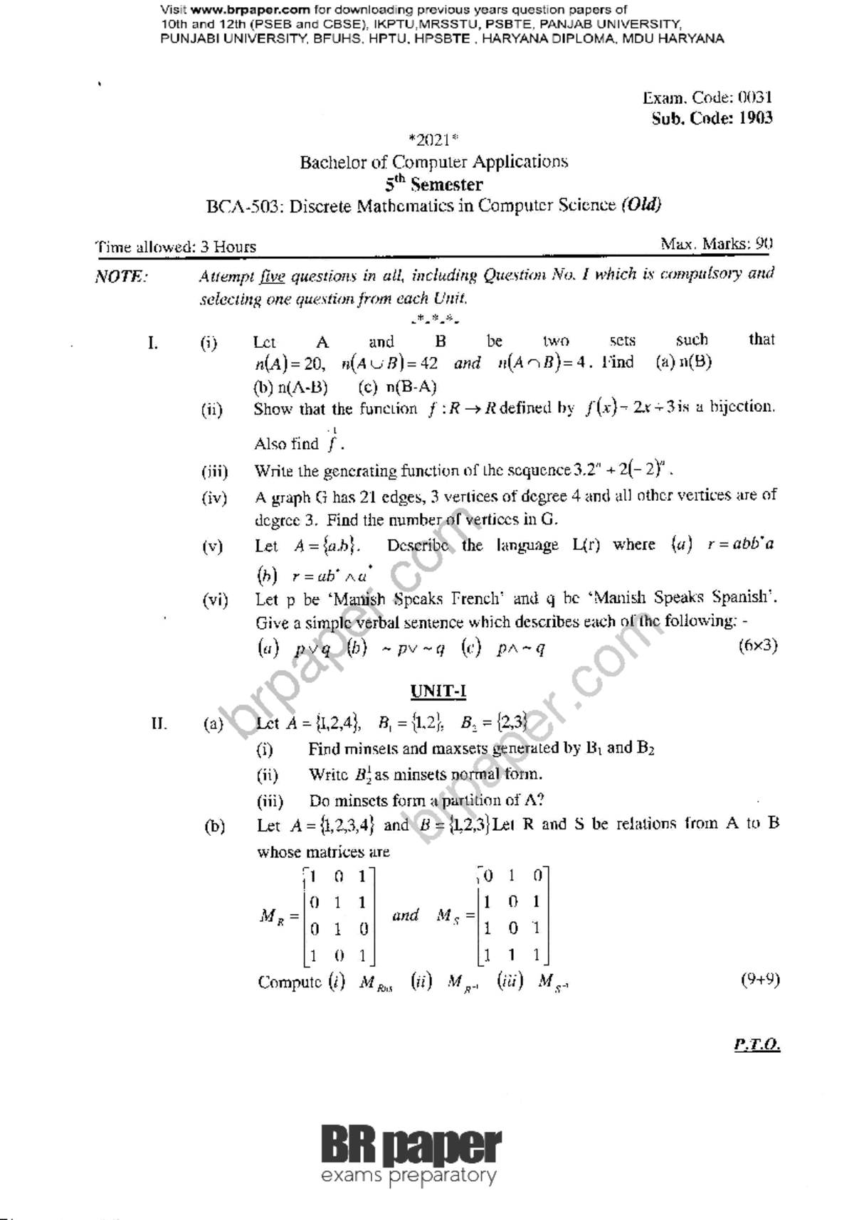 DMCS(5th)Dec2020 - sample paper for practise - discrete maths - Studocu