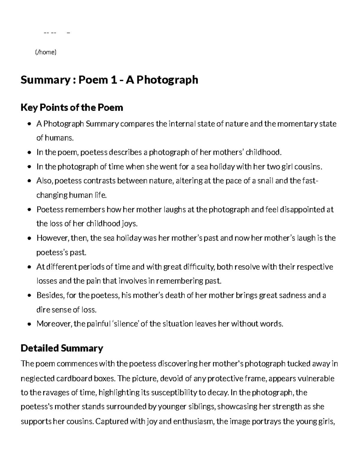 Summary Poem 1 - A Photograph Class 11 English Hornbill - (/home) du e ...