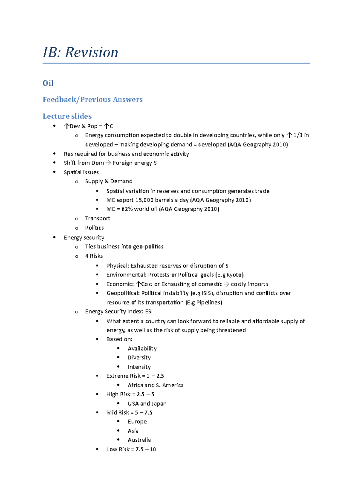 IB summary - See the title - IB: Revision Oil Feedback/Previous Answers ...