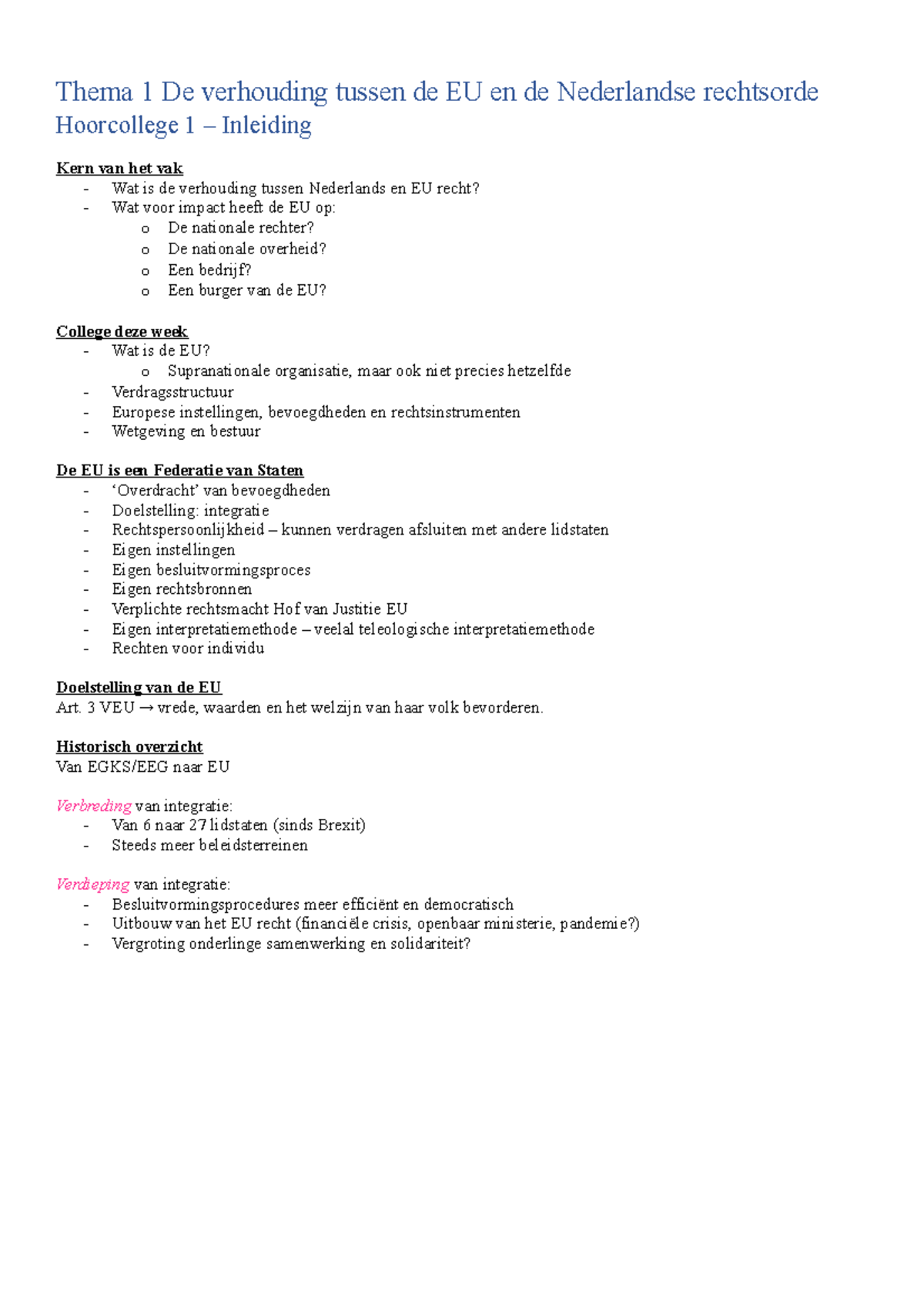 Thema 1 De verhouding tussen de EU en de Nederlandse rechtsorde - 3 VEU ...