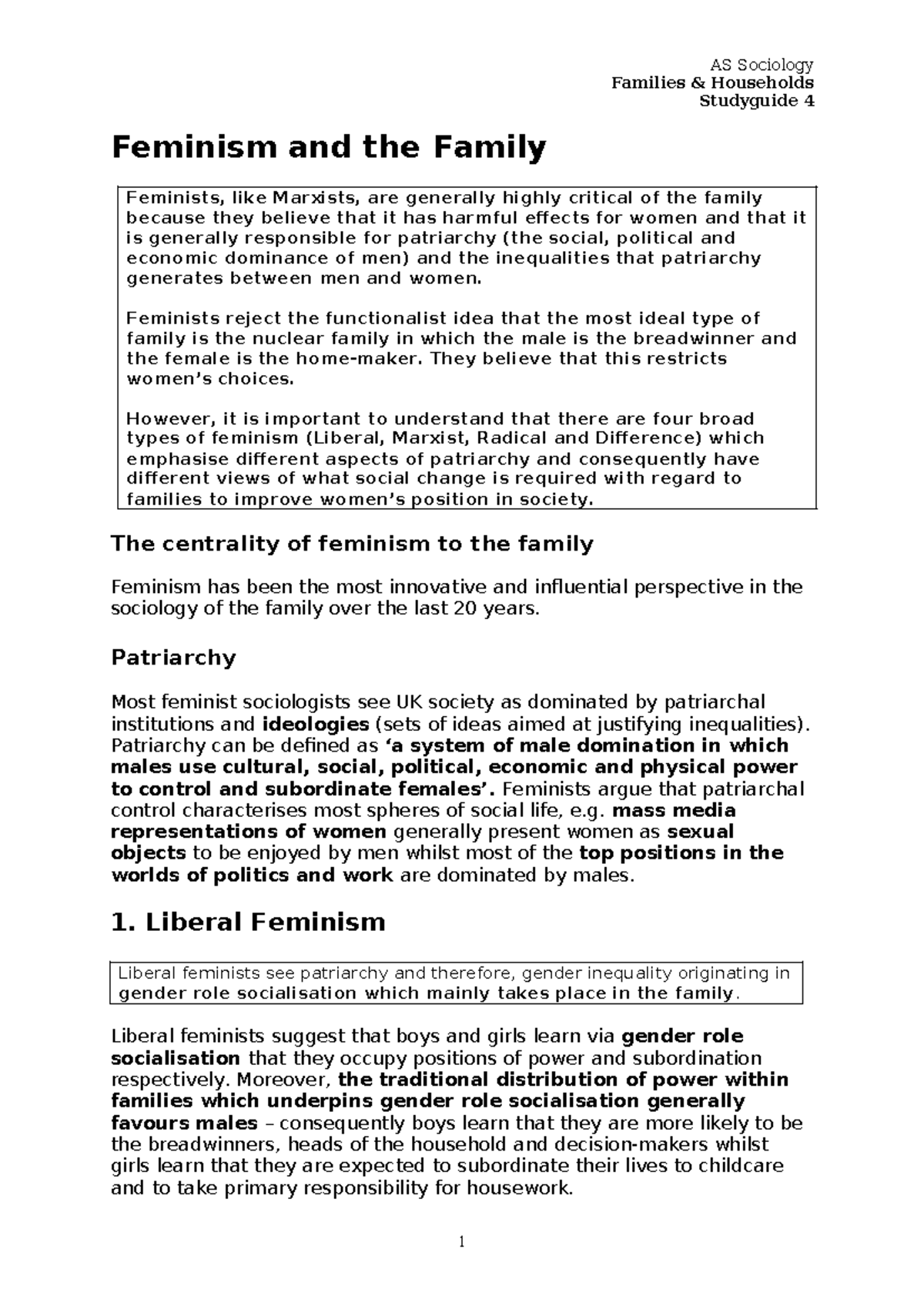feminism and the family - Families & Households Studyguide 4 Feminism ...