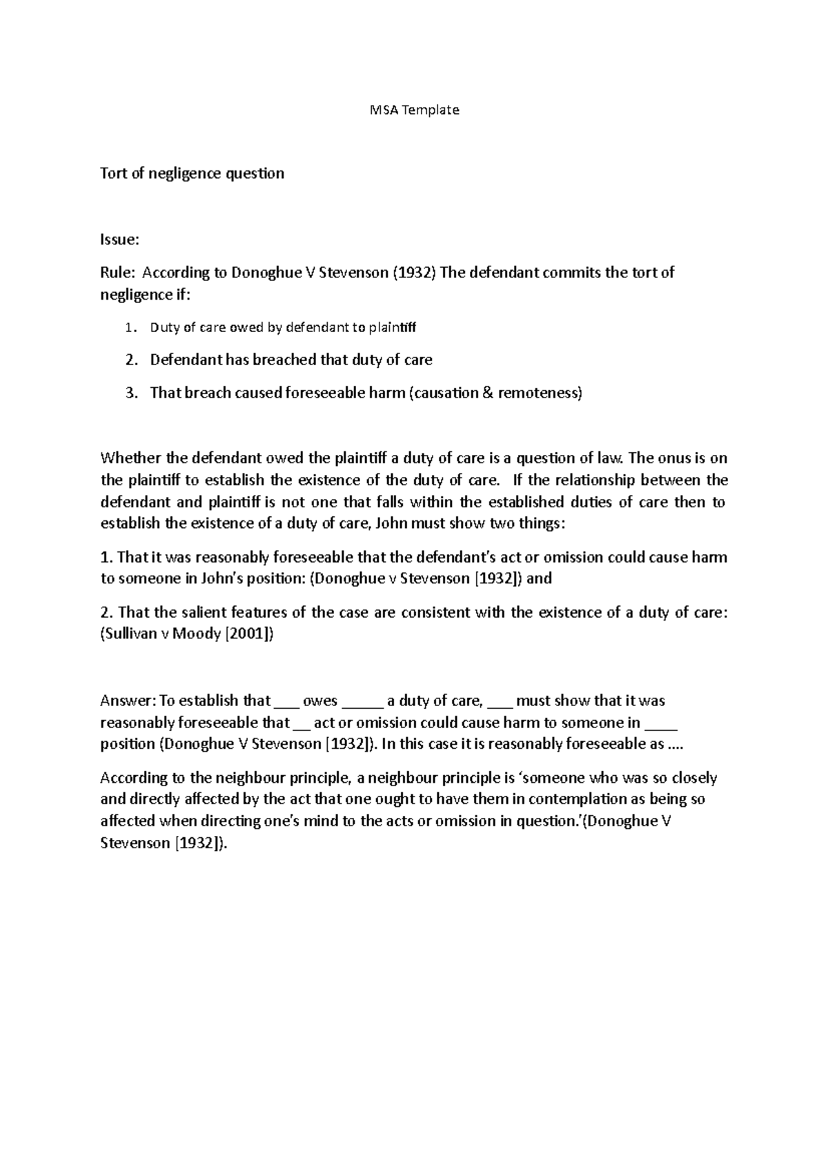 MSA Template MSA Template - MSA Template Tort of negligence question ...
