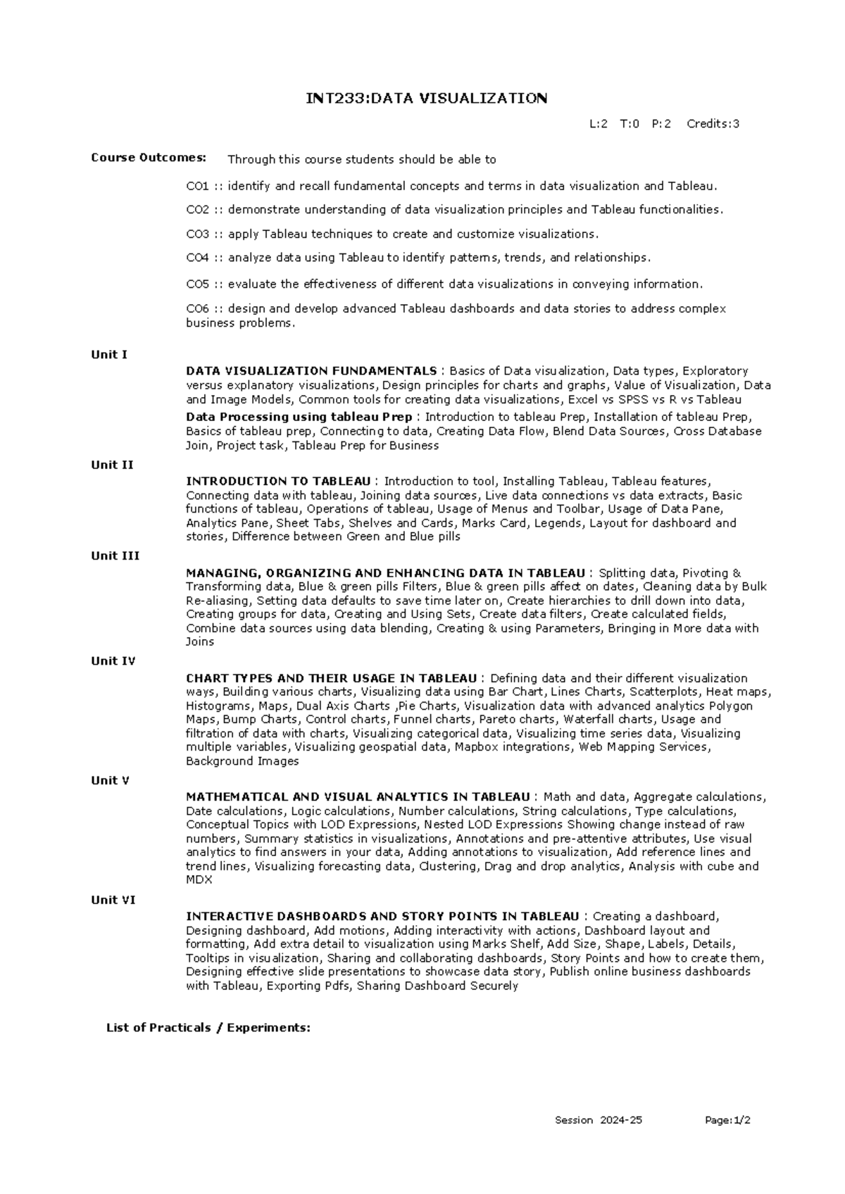 Data visualtisation syl - INT233:DATA VISUALIZATION Course Outcomes ...