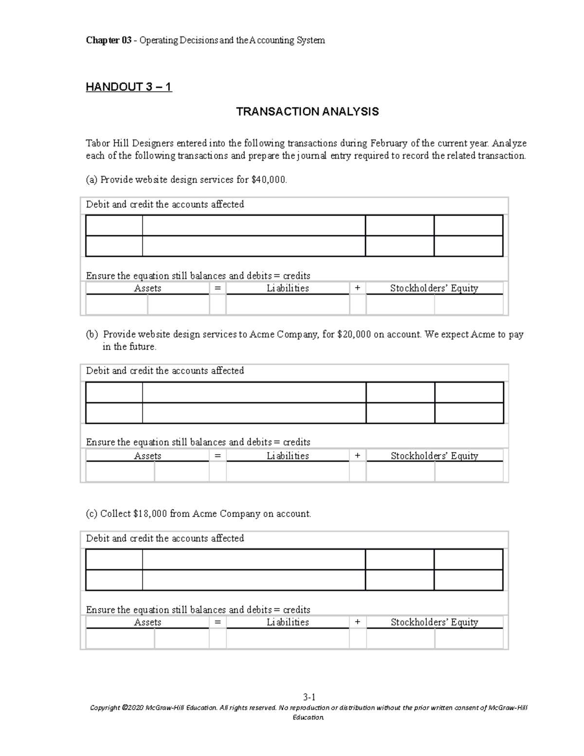 Chapter 3 Handout - HANDOUT 3 – 1 TRANSACTION ANALYSIS Tabor Hill ...
