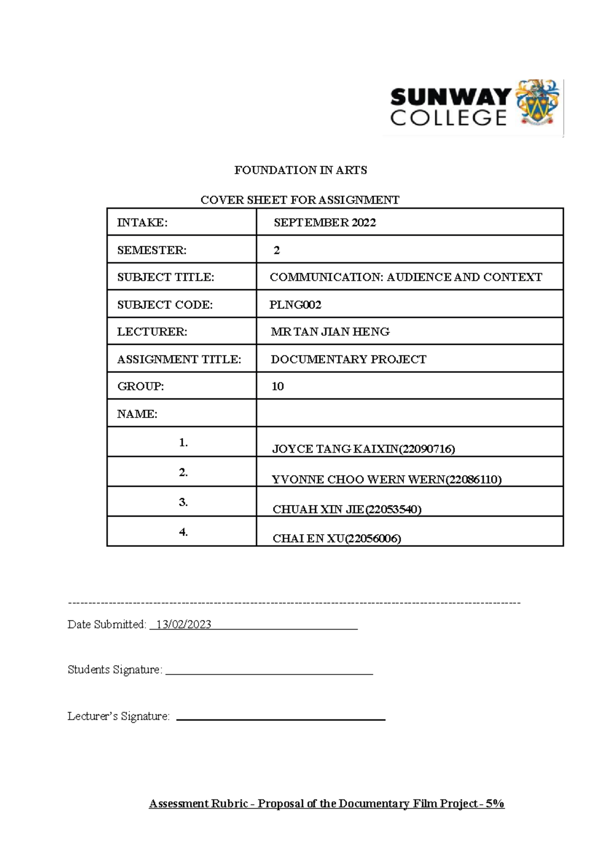 Language assignment (documentary proposal) - FOUNDATION IN ARTS COVER ...