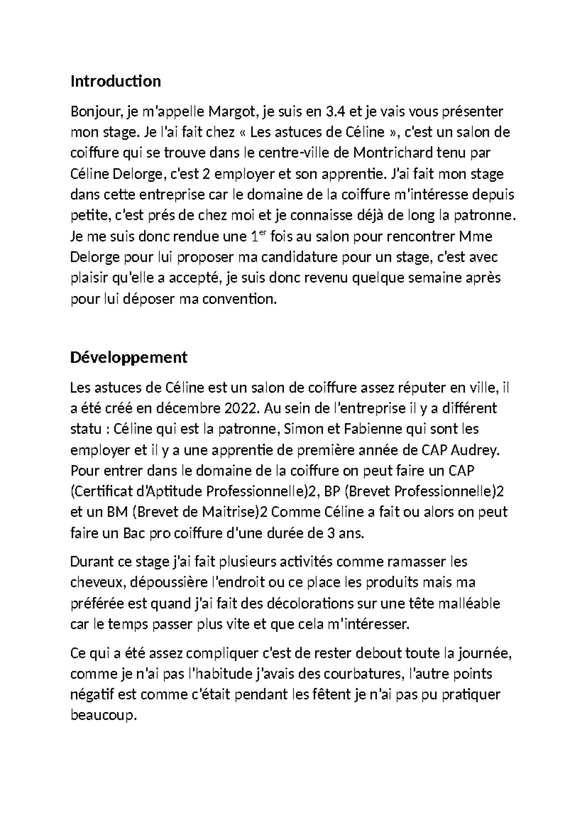 Oral de stage - Introduction Bonjour, je m’appelle Margot, je suis en 3 ...