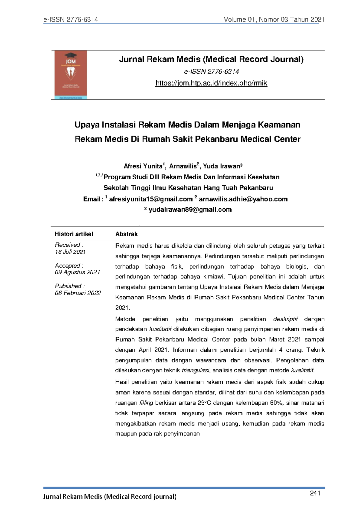 371-Article+Text - Tugas - Jurnal Rekam Medis (Medical Record Journal) e-ISSN 2776- - Studocu