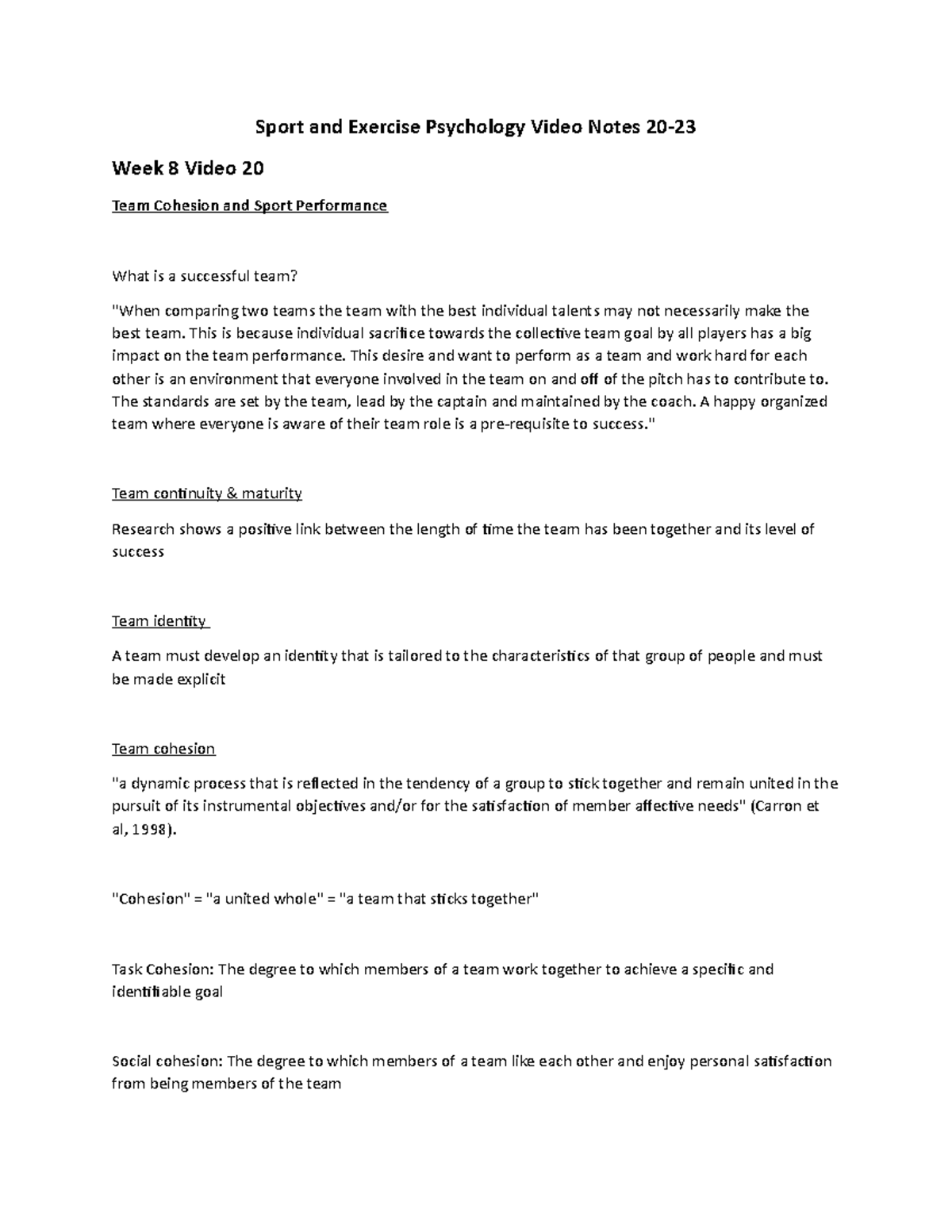 Sport and Exercise Psychology Video Notes 20-23 - This is because ...