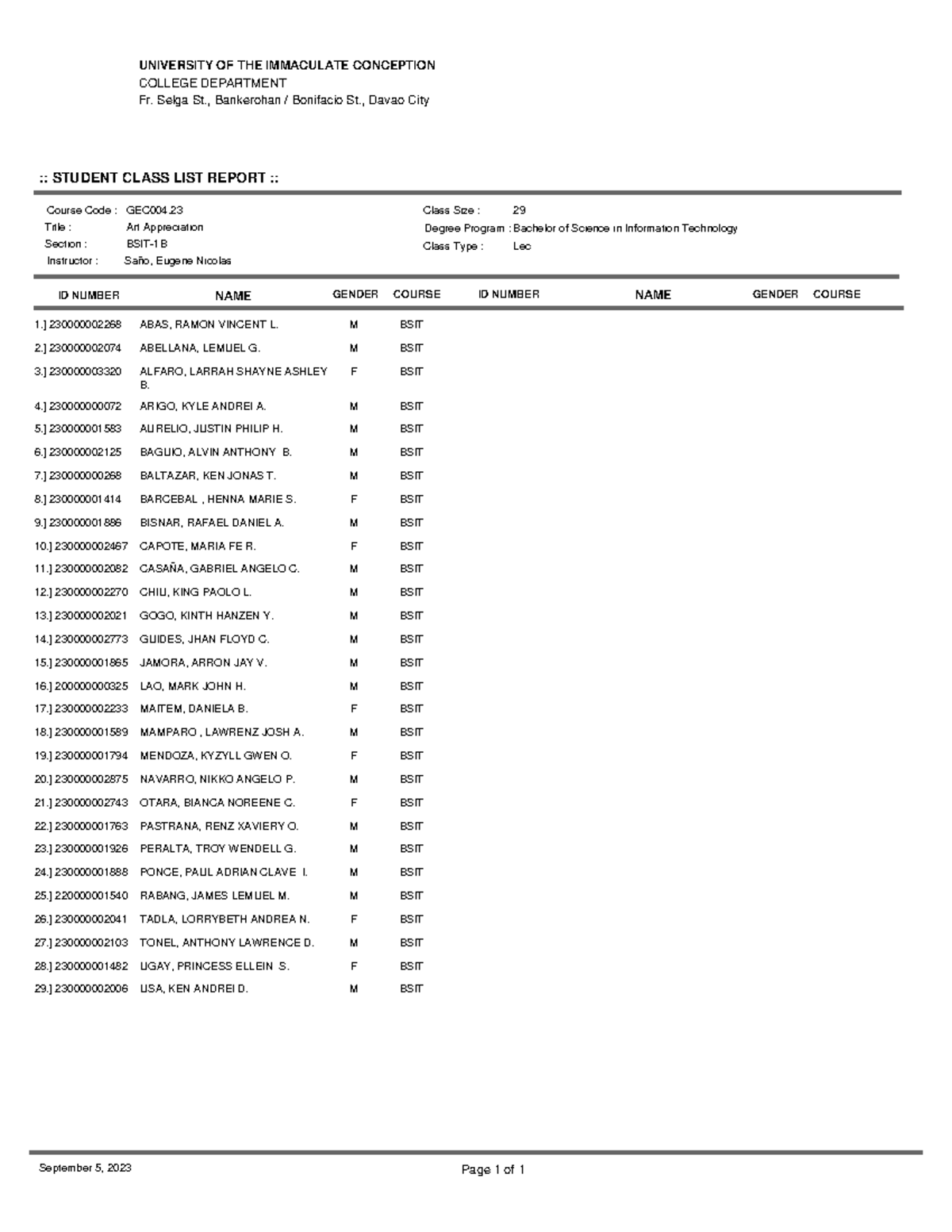 Display report.cfr instructor class list (20) - UNIVERSITY OF THE ...
