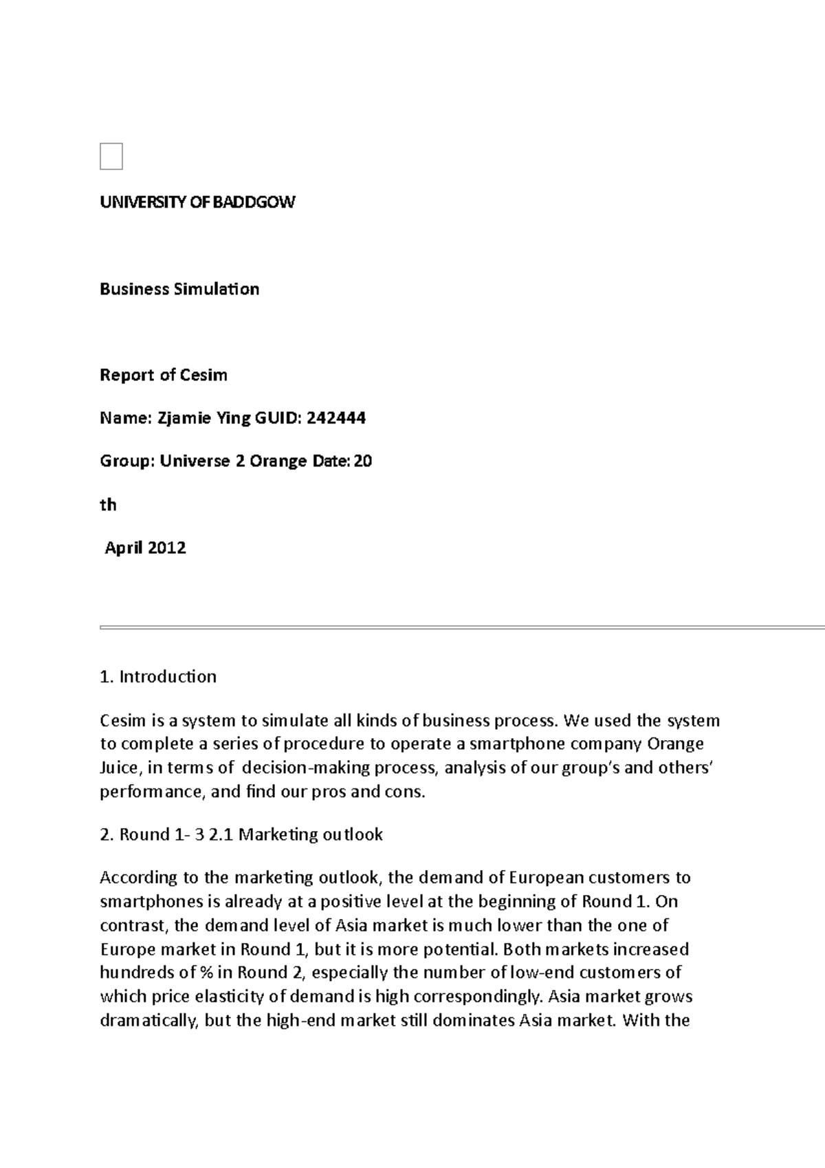 (DOC) Sim game Chow Chiu - Academia - UNIVERSITY OF BADDGOW Business ...