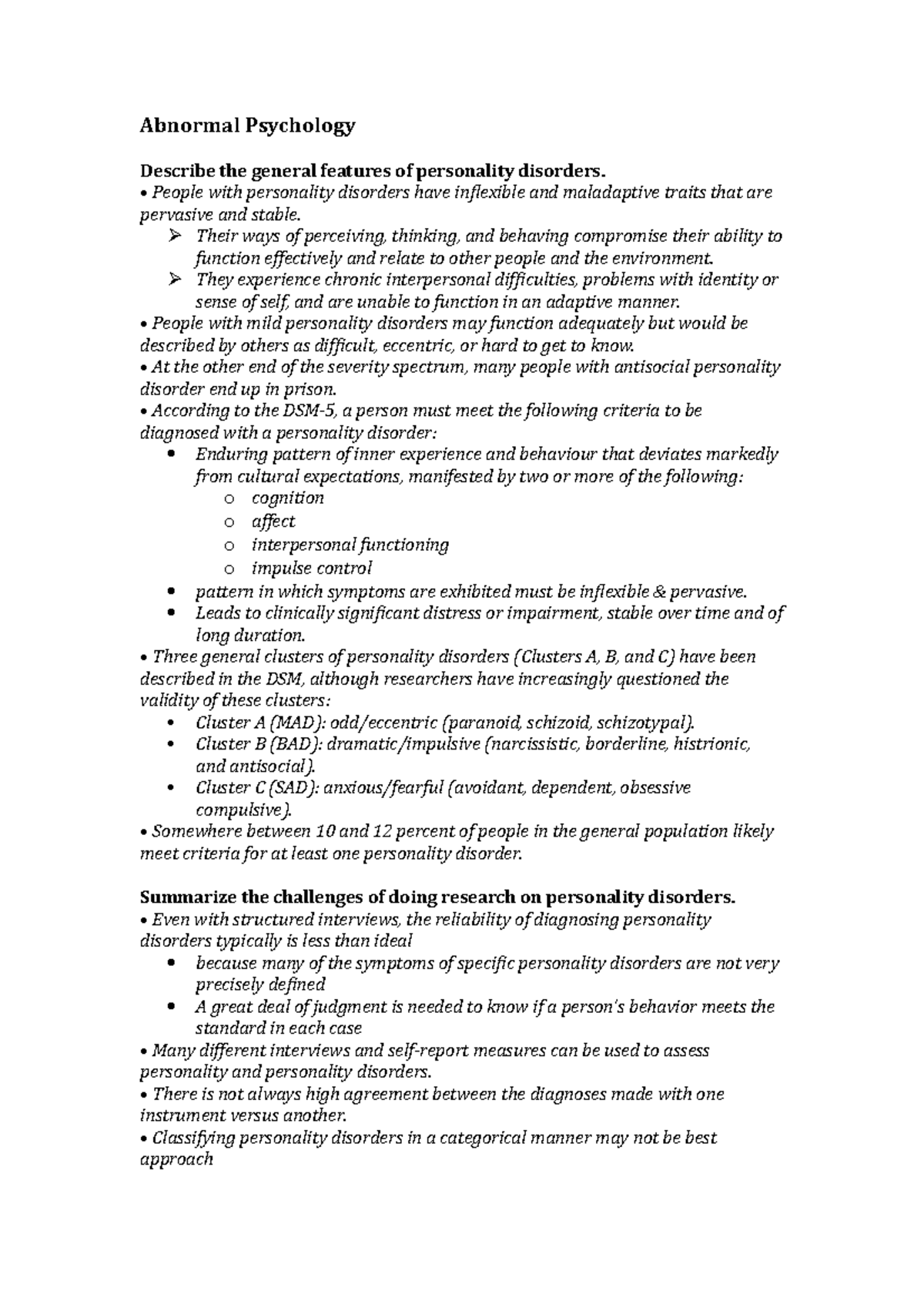 Abnormal Psychology - Week 10 - Abnormal Psychology Describe the ...