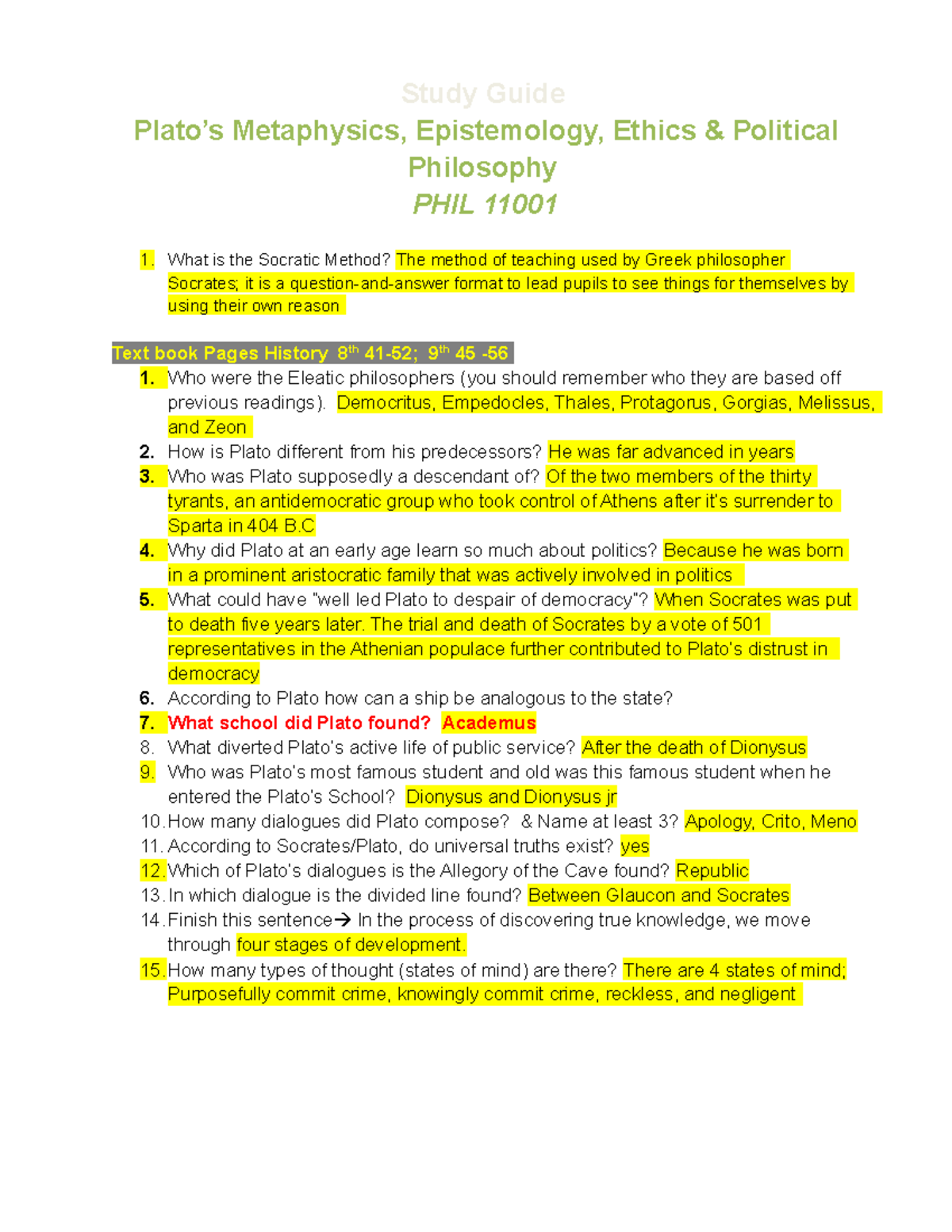 Study Guide#6.Plato fm - Study Guide Plato’s Metaphysics, Epistemology ...