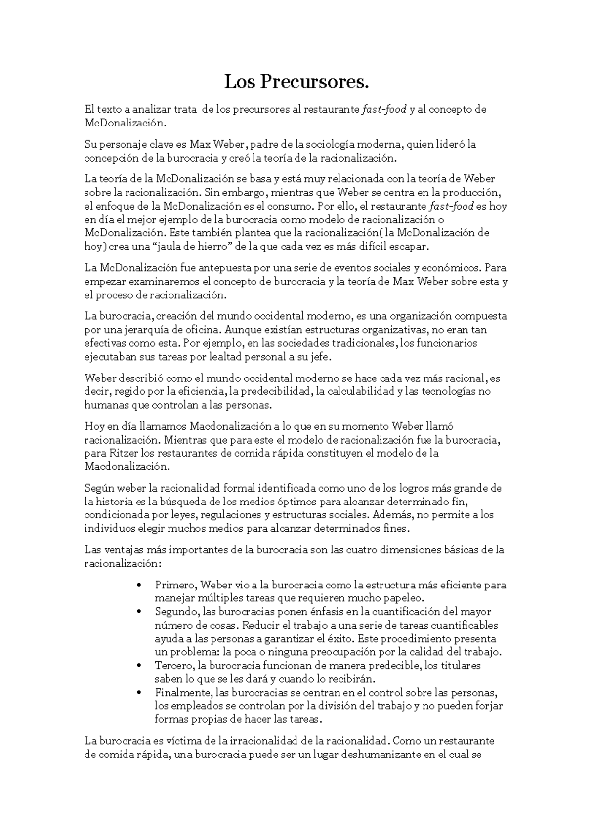 Trabajo de sociologia - Los Precursores. El texto a analizar trata de ...