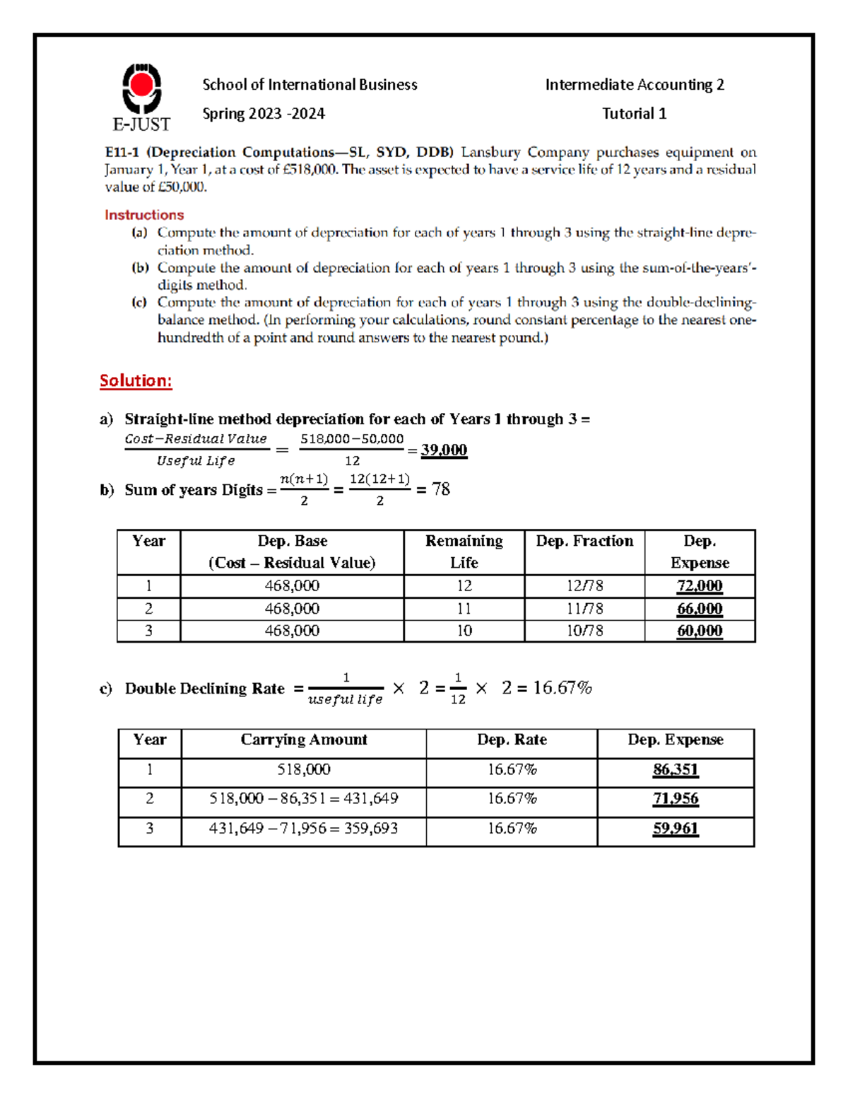 ACC241 - Tutorial 1 - Spring 2023 - 2024 Tutorial 1 Solution: a ...