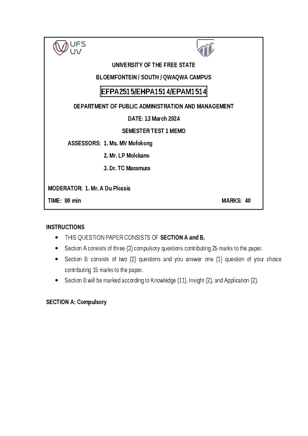 2024 EFPA2515 EHPA1514 EPAM1514 TEST 1 13 March Moderated Quality ...