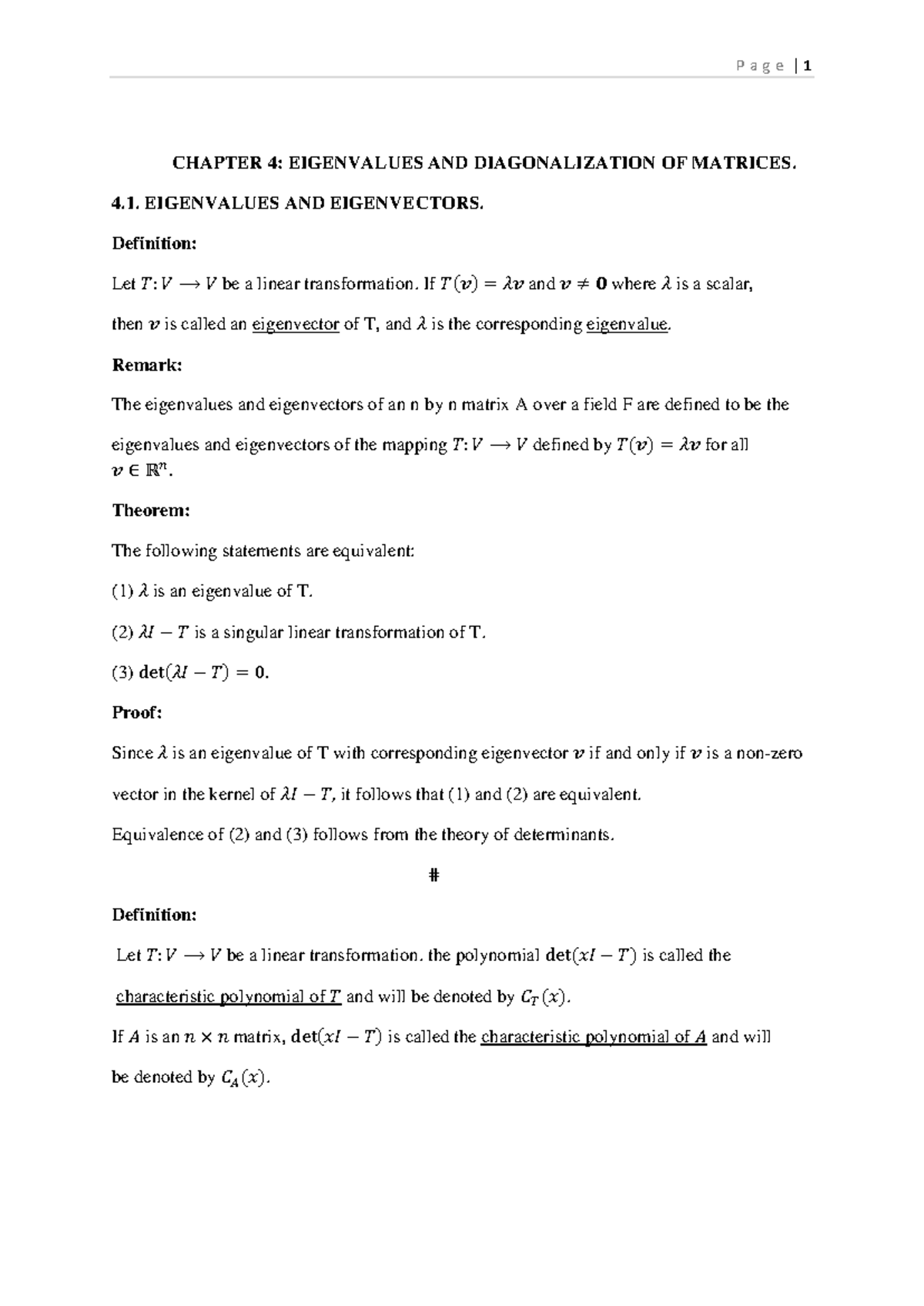Chapter 4 (Engivalues & Diagonalization Of Matices) - CHAPTER 4: EIGENVALUES AND DIAGONALIZATION ...