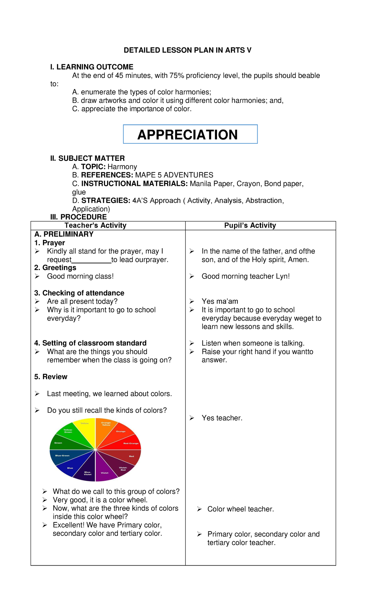 EZRA ARTS Lesson PLAN - APPRECIATION DETAILED LESSON PLAN IN ARTS V I ...