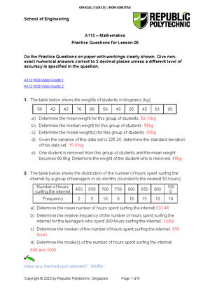 A113 MSA Revision Worksheet AY1819 Sem 1 - A113 Mid-Semester Assessment ...