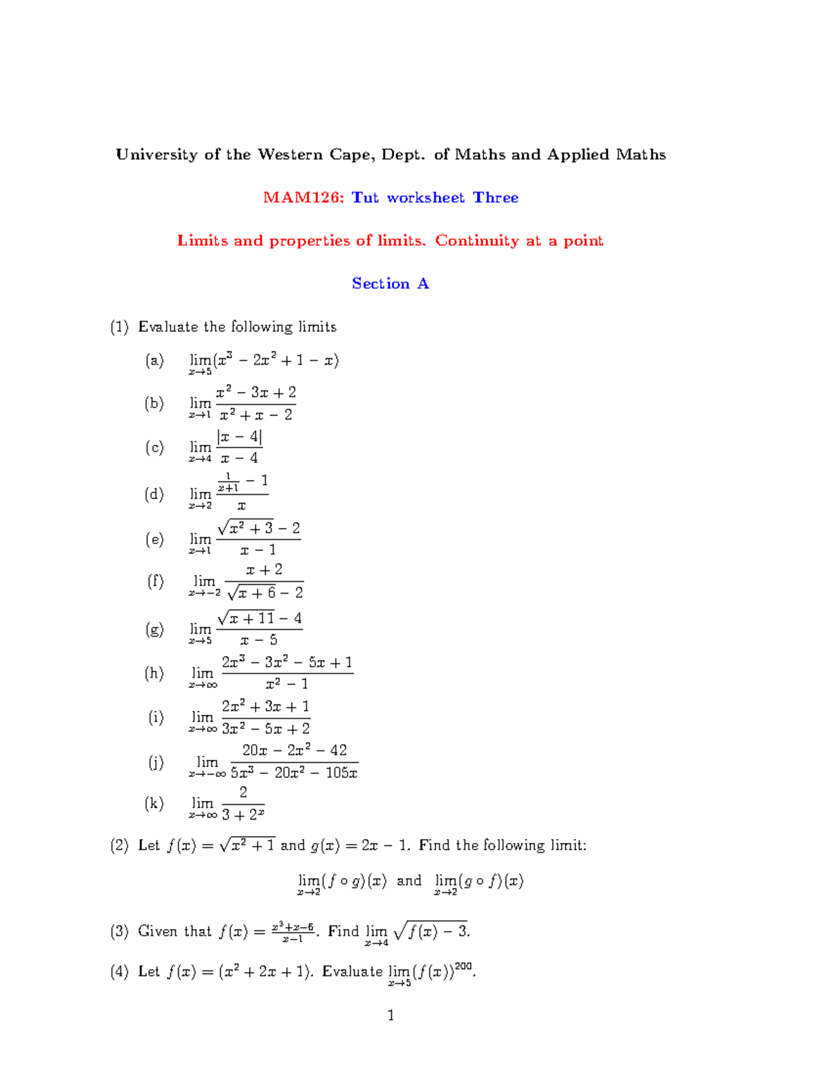 Mam126 Tut worksheet Three - University of the Western Cape, Dept. of ...