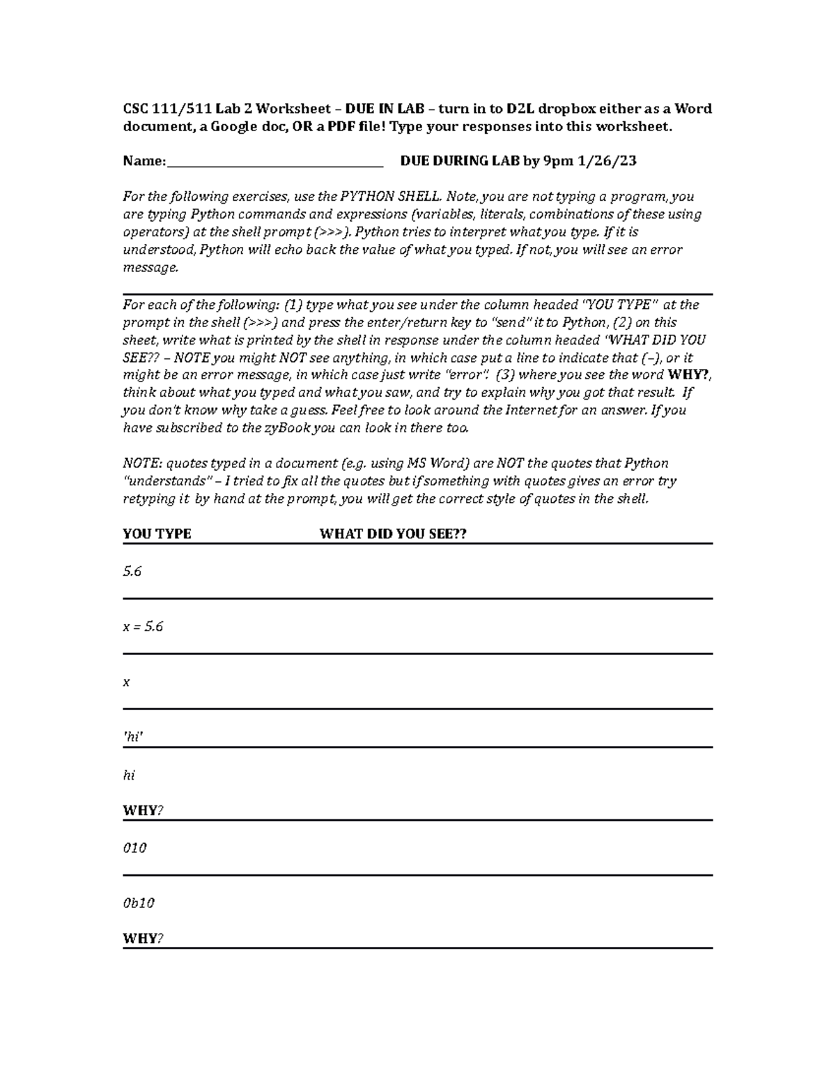 CSC111 Lab2Worksheet S 23 - CSC 111/511 Lab 2 Worksheet – DUE IN LAB ...