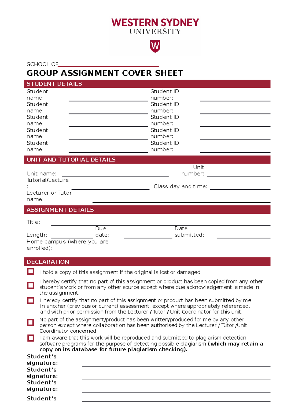 00398 0916 Group Assignment cover sheet- Fillable online - SCHOOL OF ...