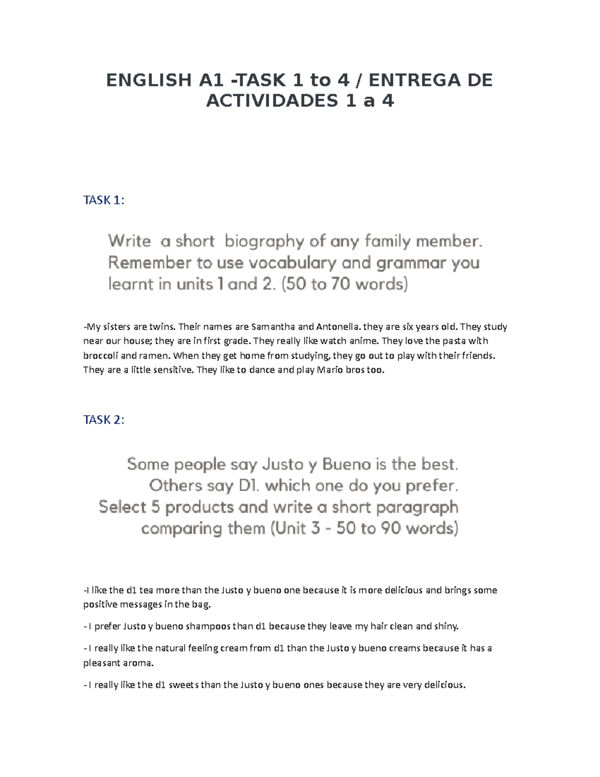 English A1 Writing Portafolio TASK 1 TO 4 - ENGLISH A1 -TASK 1 to 4 ...