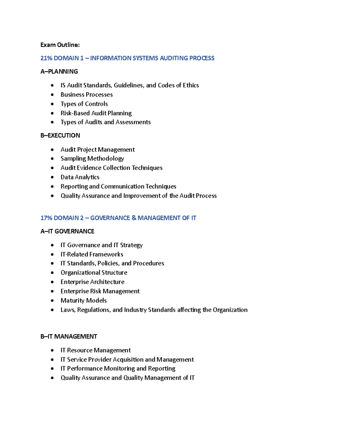 CISA EXAM Outline - sasdfdg - Exam Outline: 21% DOMAIN 1 – INFORMATION ...