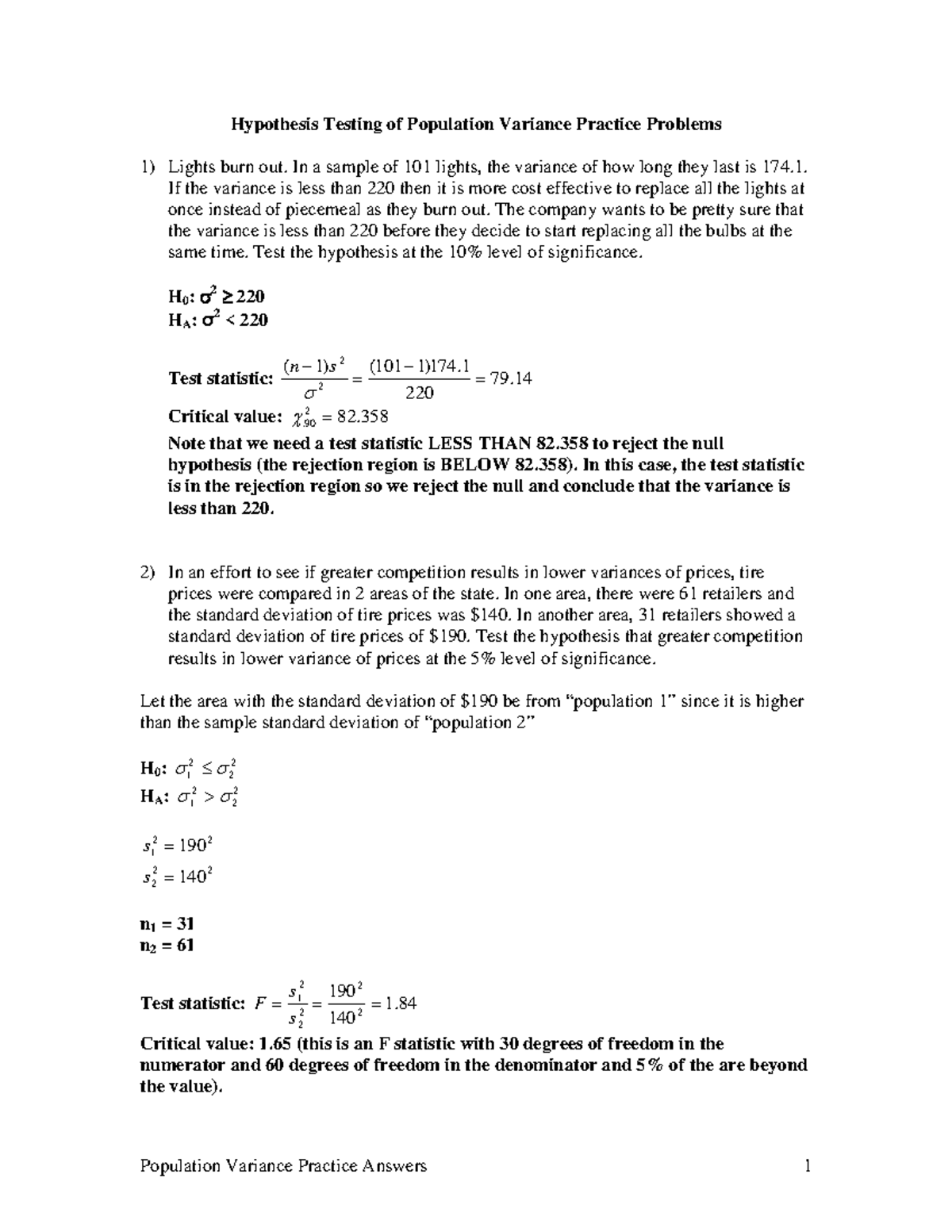 Population variance practice answers - In a sample of 101 lights, the ...