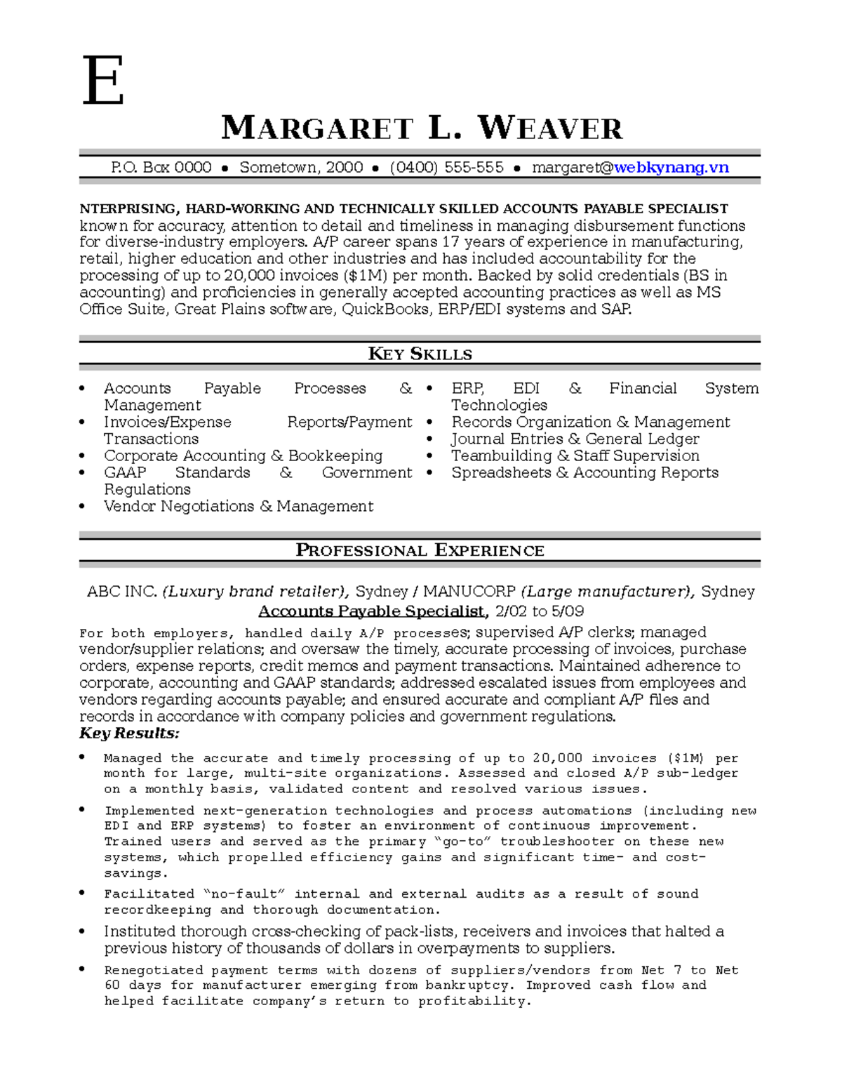 20 Mau CV ke toan ke toan cong no tieng anh - MARGARET L. WEAVER P. Box ...