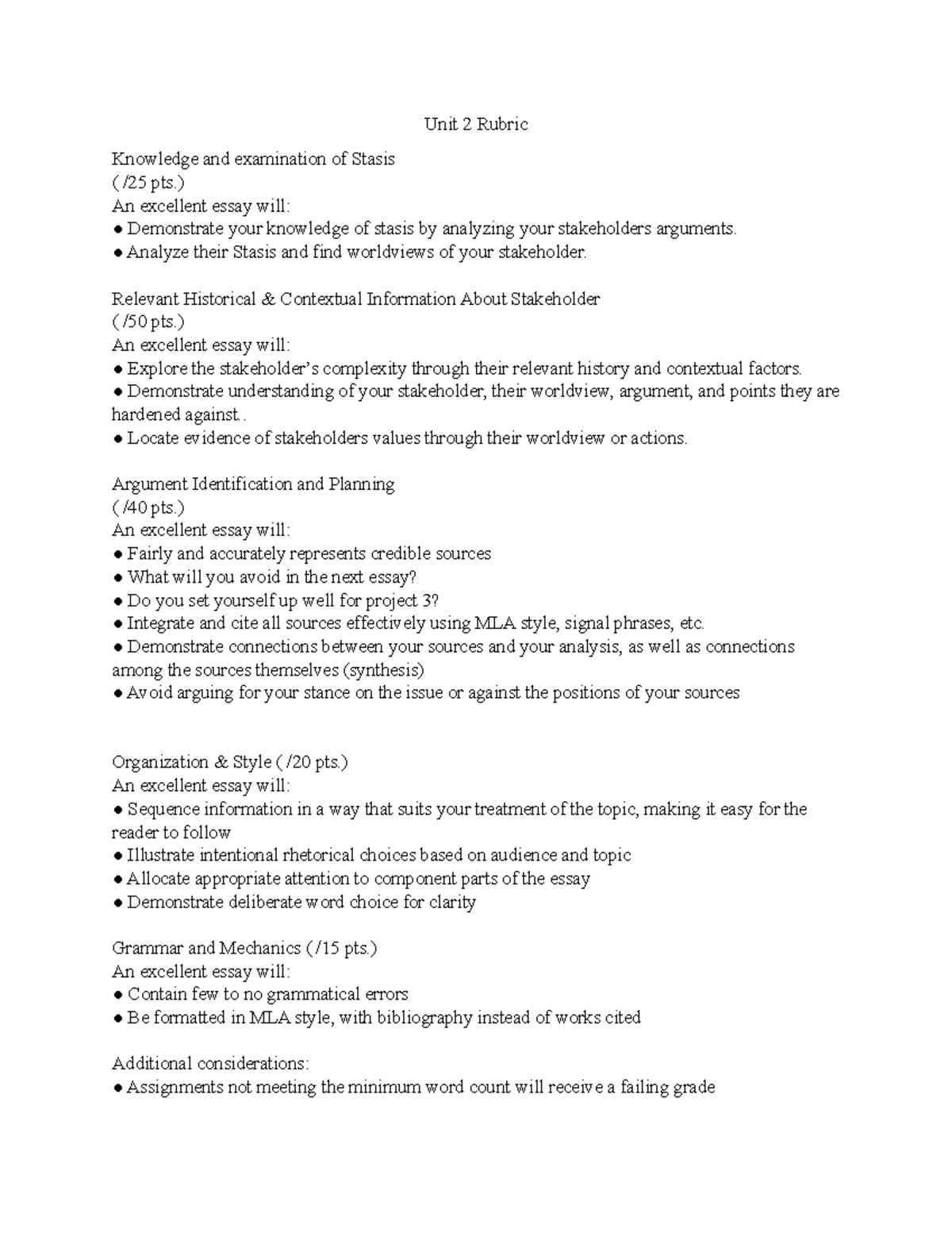 Unit 2 Rubric - n/a - Unit 2 Rubric Knowledge and examination of Stasis ...
