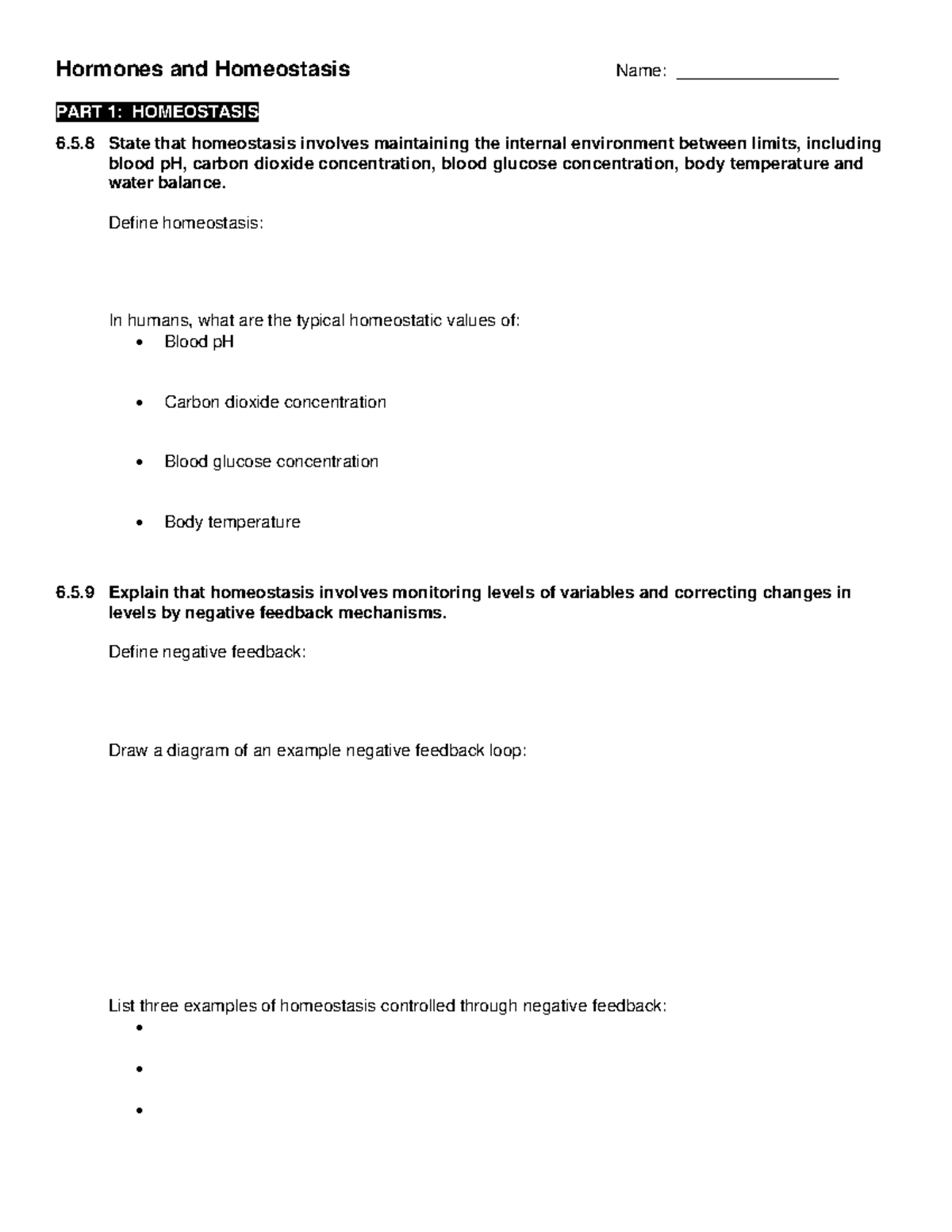 6.6 hormones and homeostasis wkbk - Hormones and Homeostasis Name ...