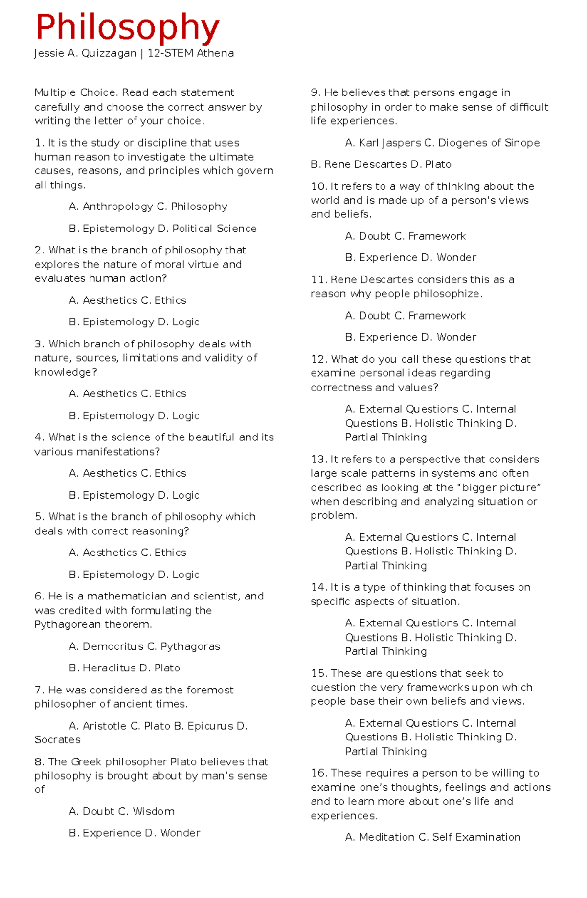 Multiple Choice Philo - Philosophy Jessie A. Quizzagan | 12-STEM Athena ...