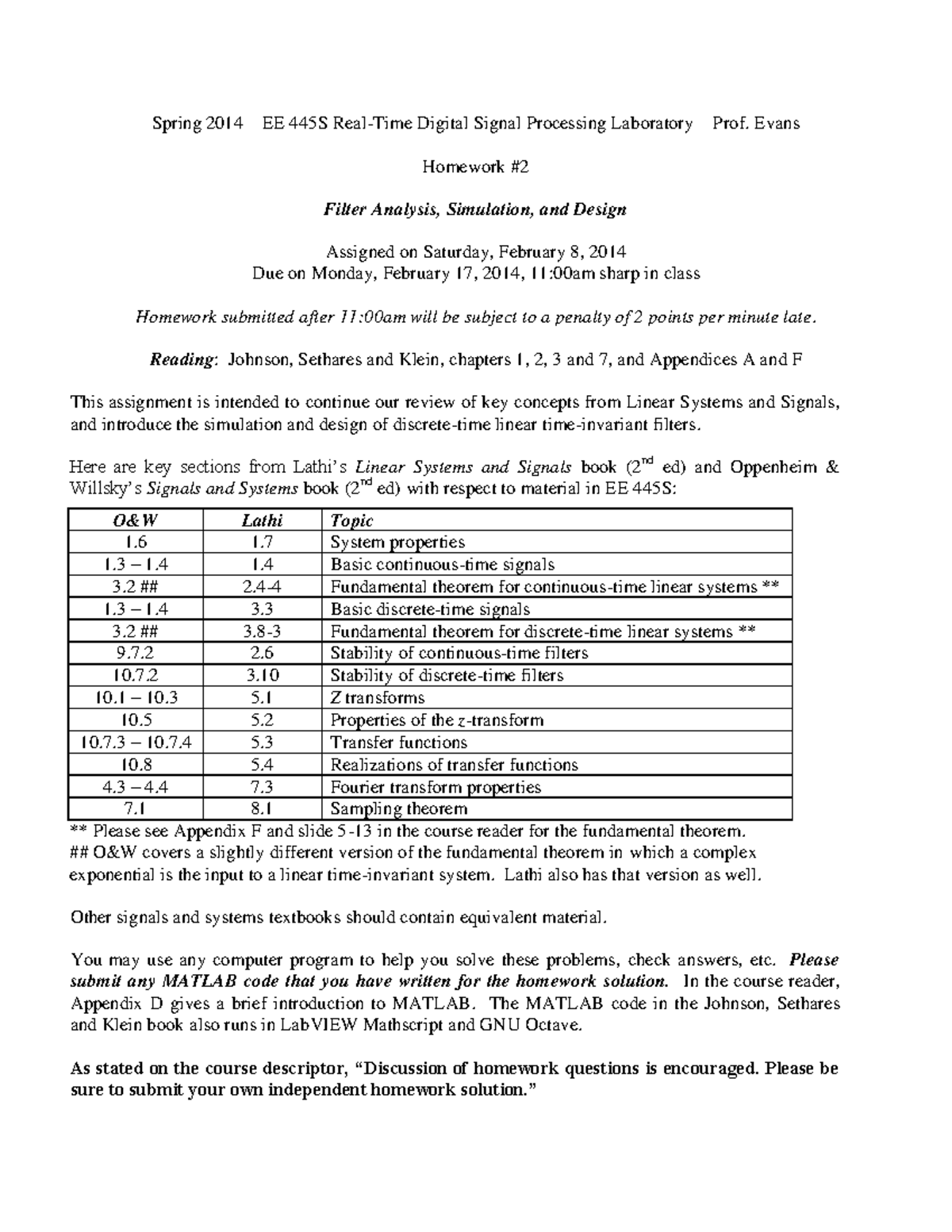 Homework 2 - HW for DSP Lab - Spring 2014 EE 445S Real-Time Digital Signal Processing Laboratory ...