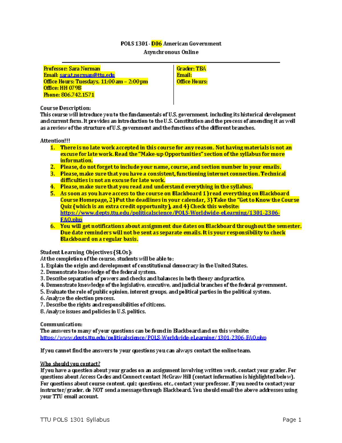 POLS 1301 D06 Fall 2023 Syllabus vf - POLS 1301 - D0 6 American Government Asynchronous Online ...