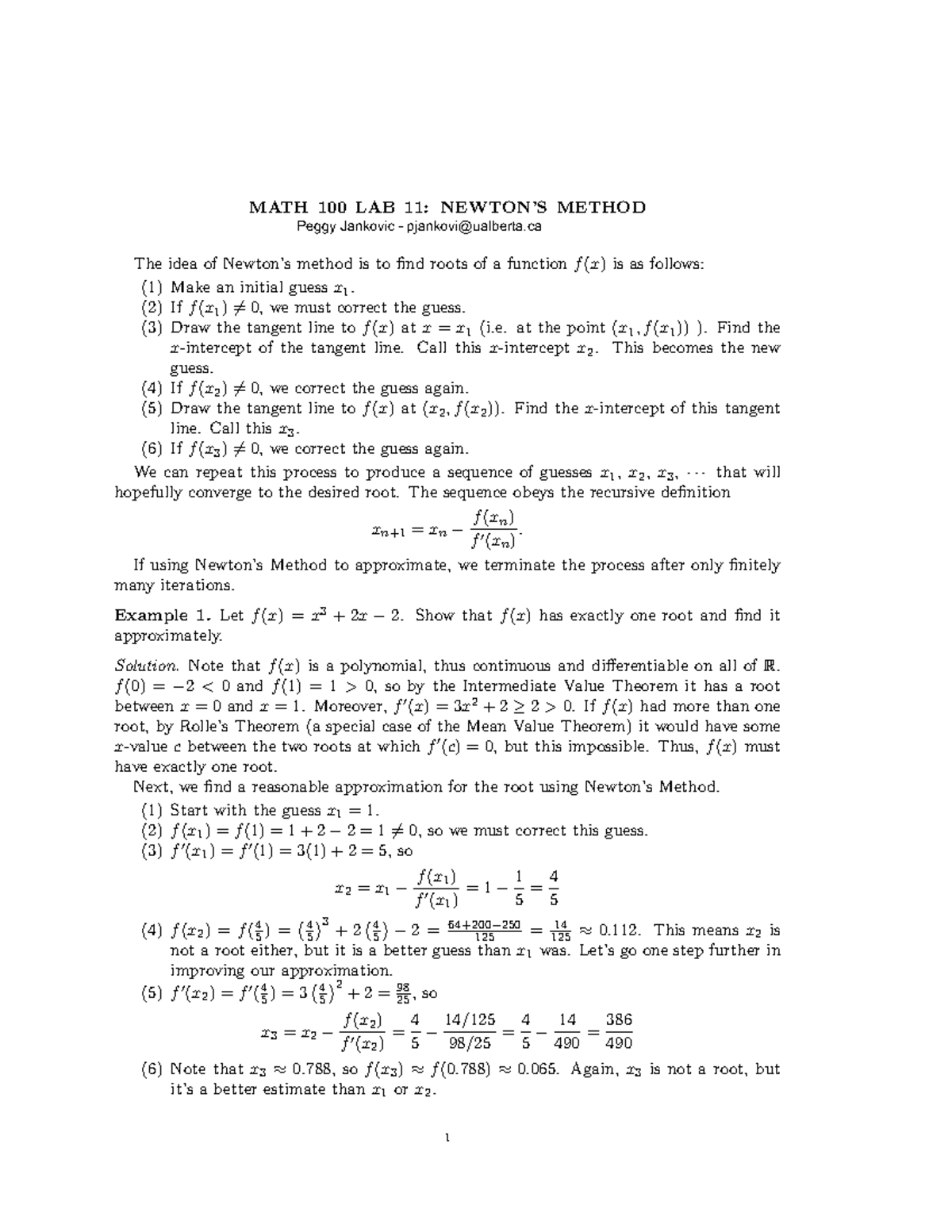 Notes On Newtons Method Math 100 Lab 11 Newtons Method The Idea Of