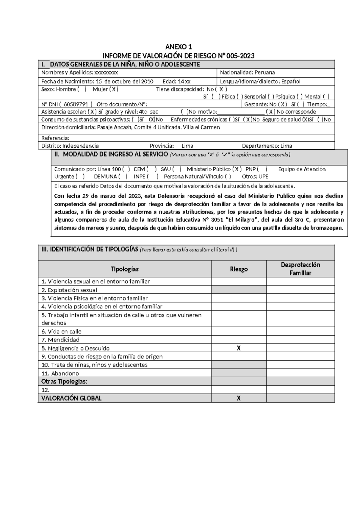 Informe de valoracion de riesgo- Mari - ANEXO 1 INFORME DE VALORACIÓN DE RIESGO N° 005- I. DATOS ...