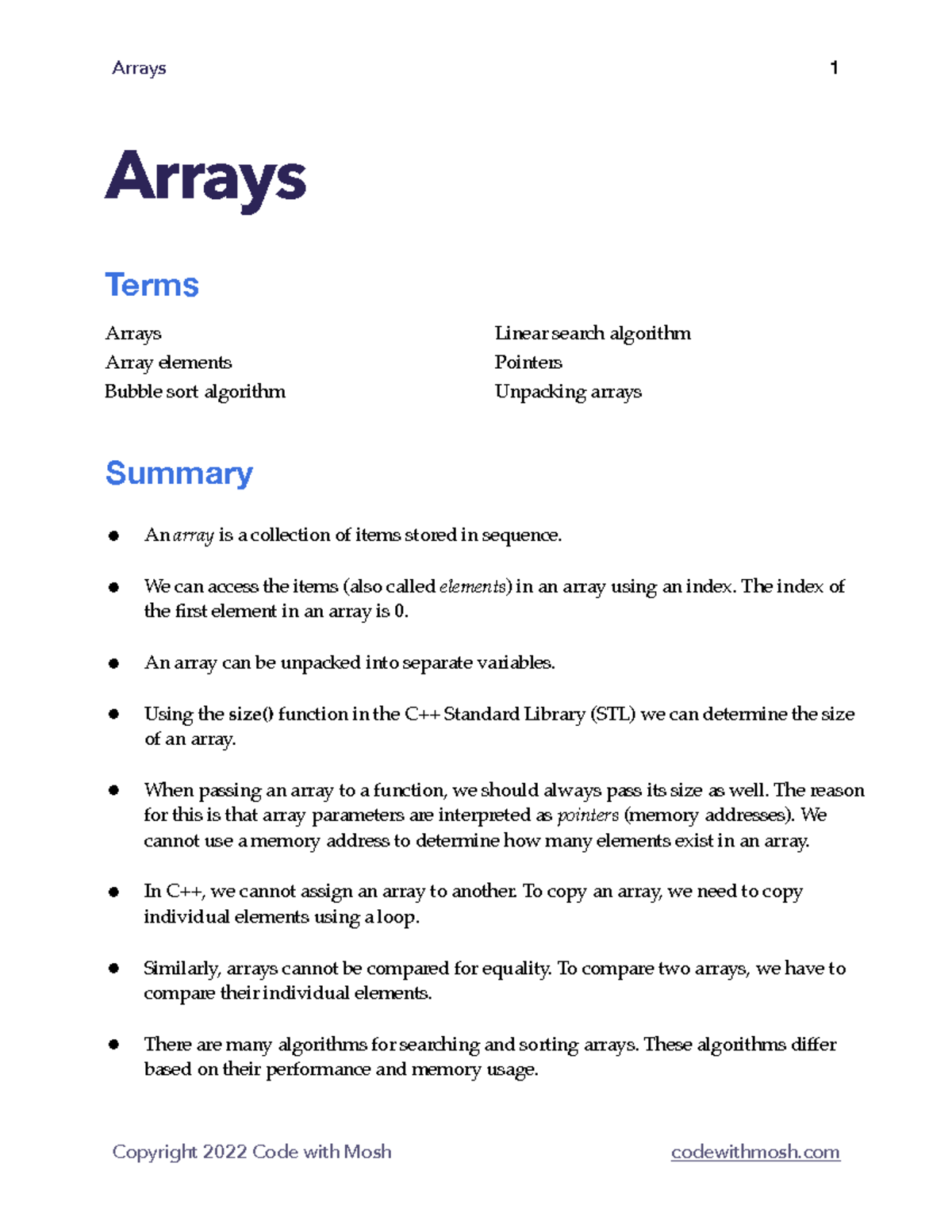 PDF 1 - cpp programing - Arrays 1 Copyright 2022 Code with Mosh codewithmosh Arrays Arrays Array ...