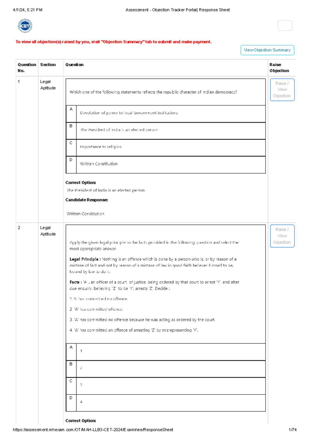 Assessment - Objection Tracker Portal Response Sheet - A B C D A B C D ...