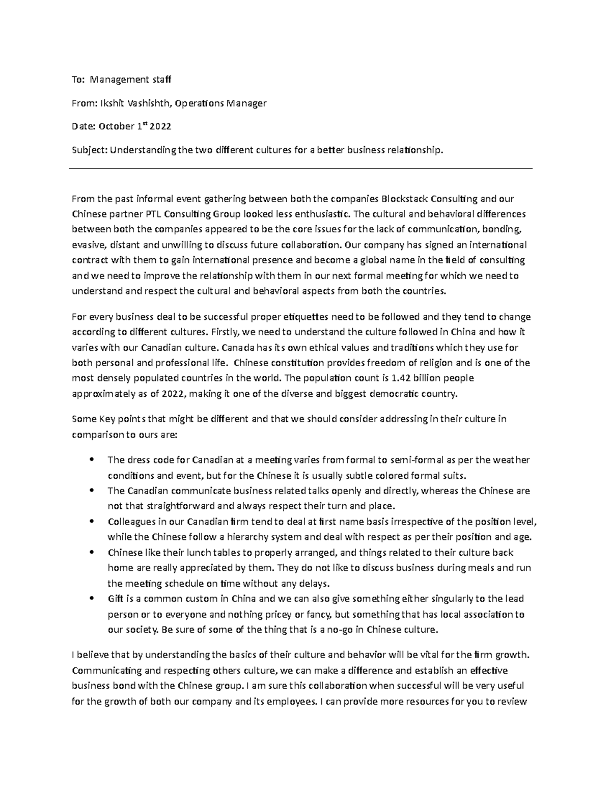 Intercultural case study Memo - To: Management staf From: Ikshit ...