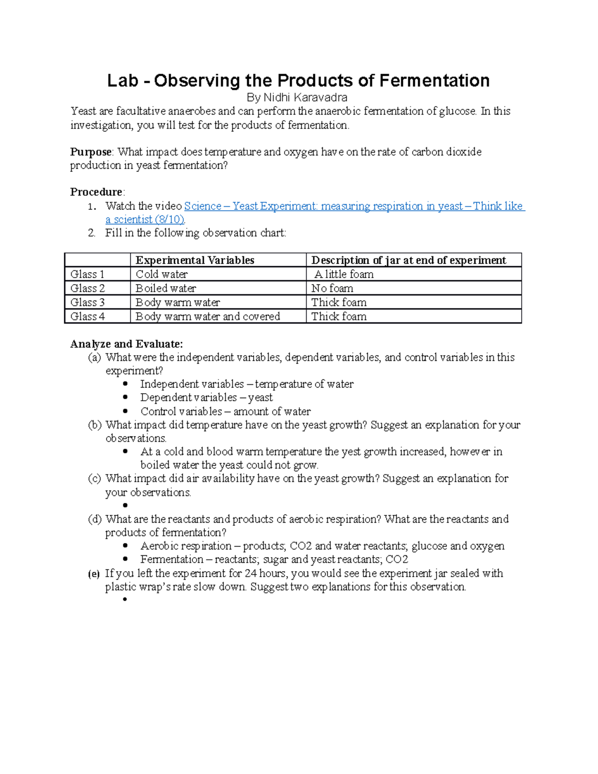 Lab - Observing the Products of Fermentation - In this investigation ...