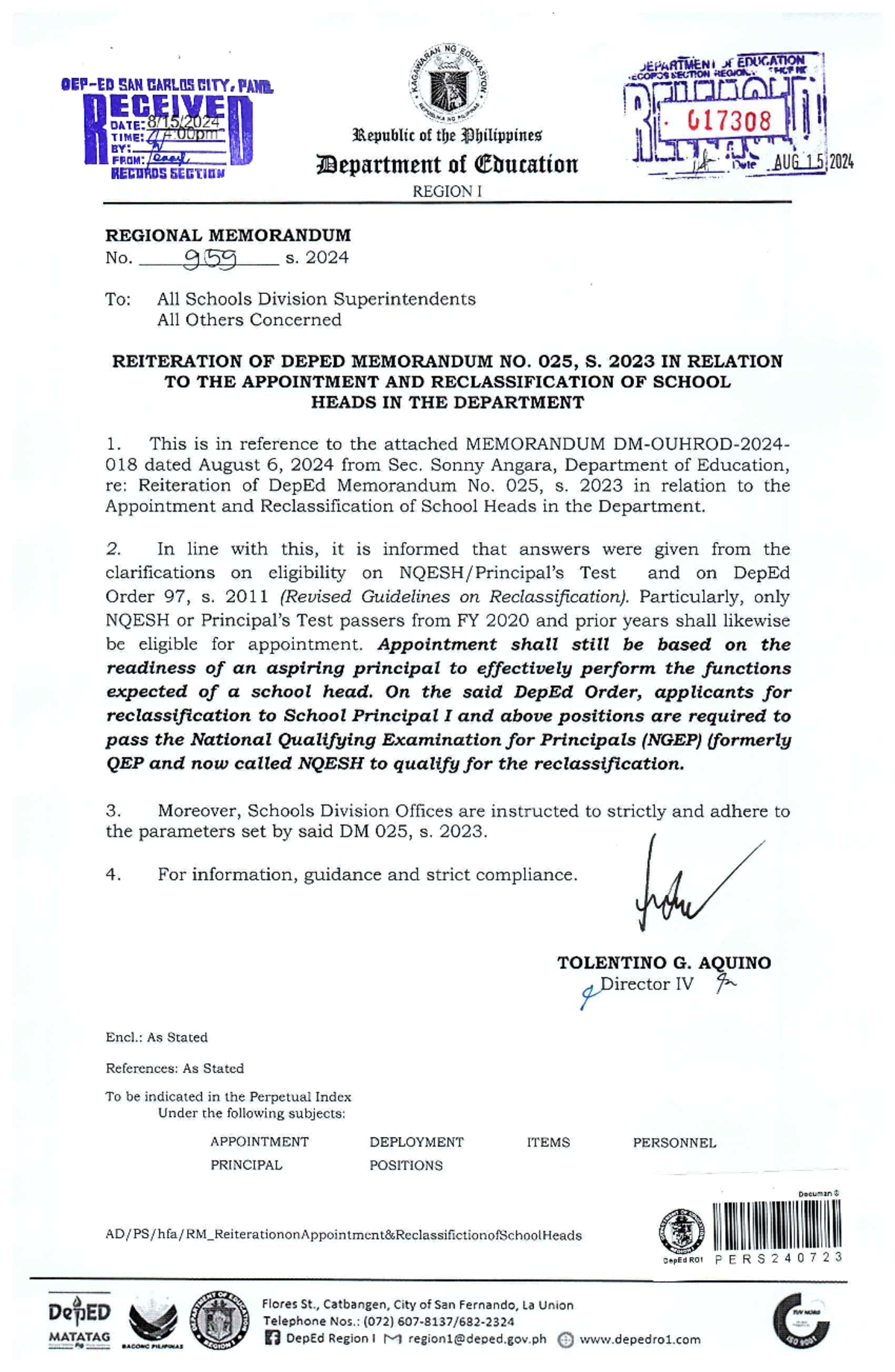 Rm0959s2024- Reiteration OF Deped Memorandum NO. 025, S. 2023 IN Relation TO THE Appointment AND ...