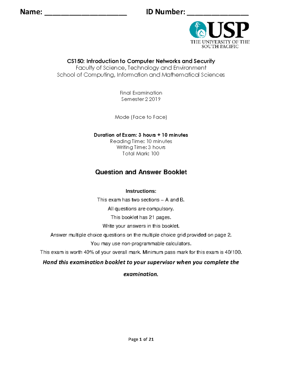 CS150 Exam 2019 - sdsdsdsdsd - Page 1 of 21 CS150: Introduction to ...